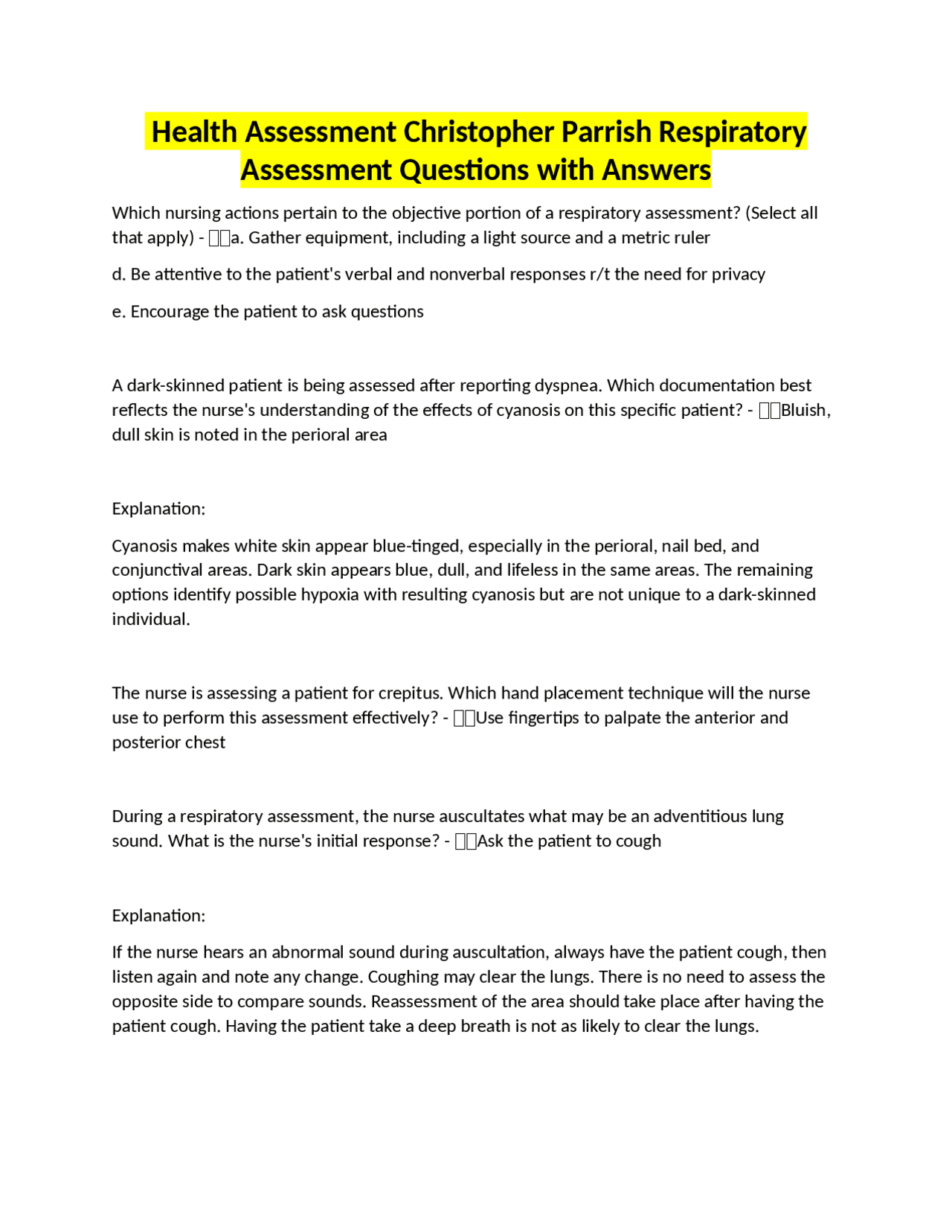 Health Assessment Christopher Parrish Respiratory Assessment Questions ...