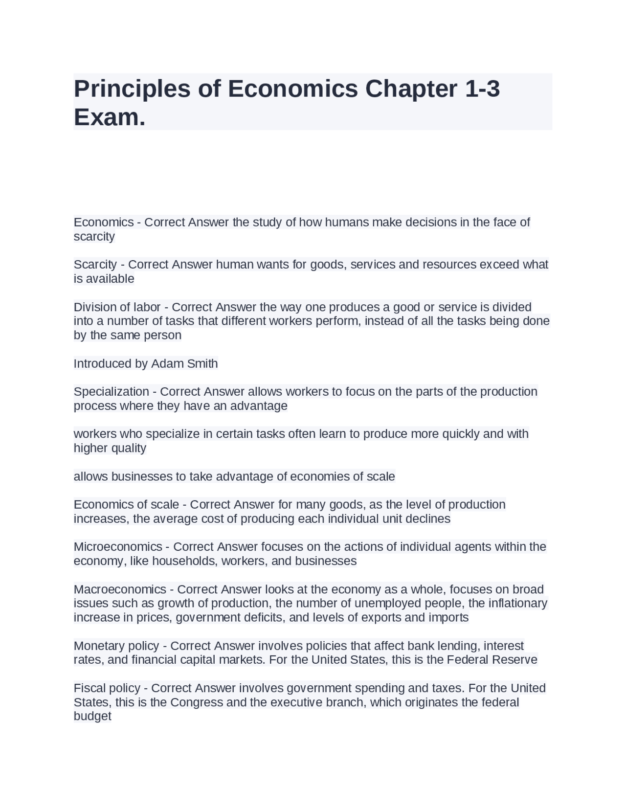 Principles of Economics: Key Concepts and Exam Questions | Exams Economics | Docsity