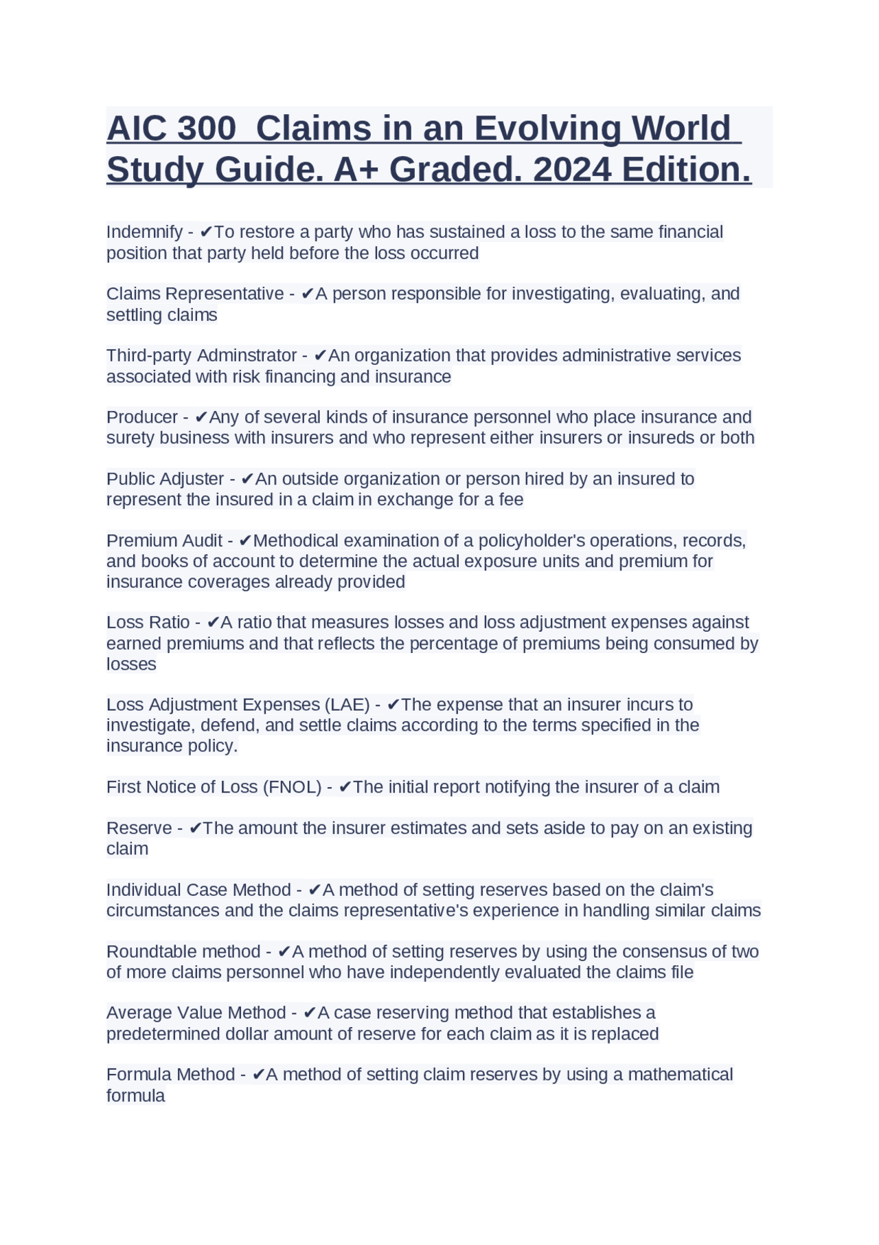 AIC 300 Claims in an Evolving World Study Guide. A+ Graded. 2024 ...
