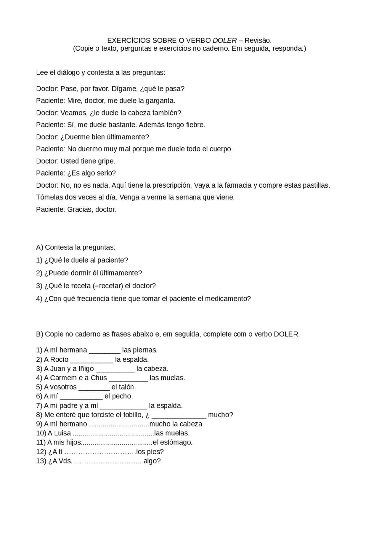 Exercícios sobre Verbo Doler | Exercícios Espanhol | Docsity