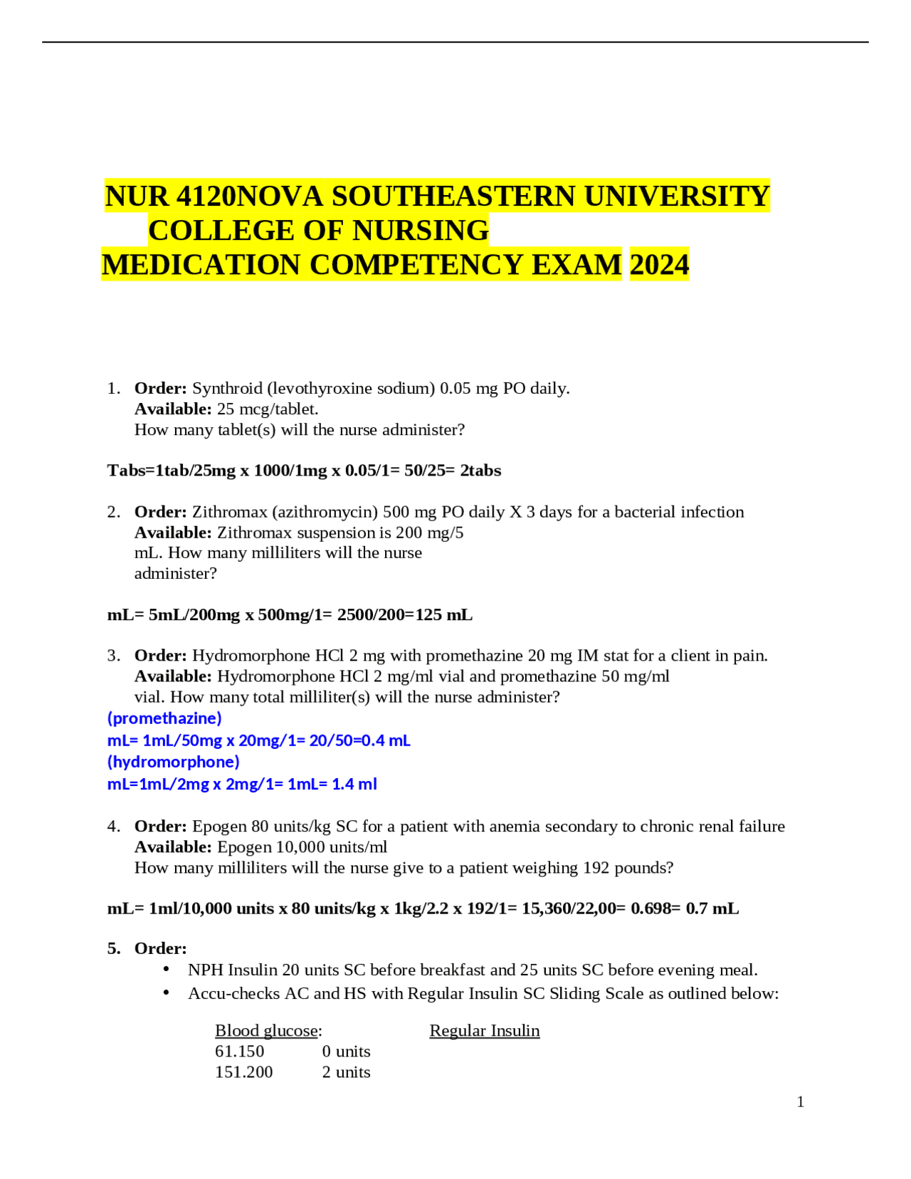Medication Competency Exam: Calculating Doses and Infusion Rates for ...