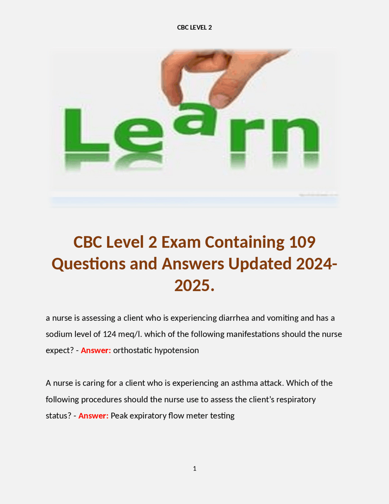 CBC Level 2 Exam Containing 109 Questions and Answers Updated 2024-2025 ...