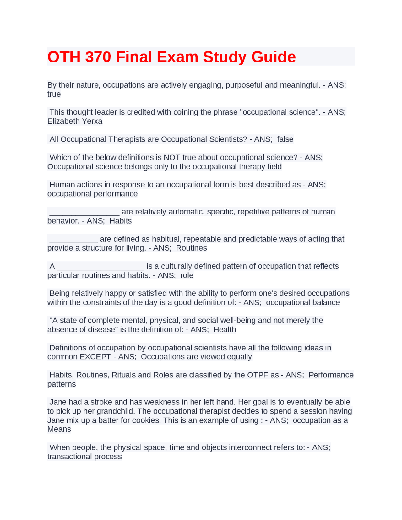 Occupational Science and Therapy: Key Concepts and Definitions | Exams ...