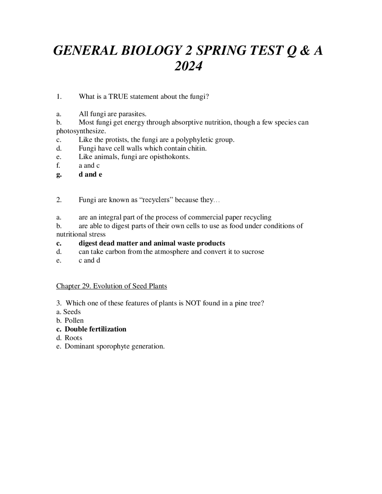 Biology Exam: Fungi, Seed Plants, Photosynthesis, Nutrition ...