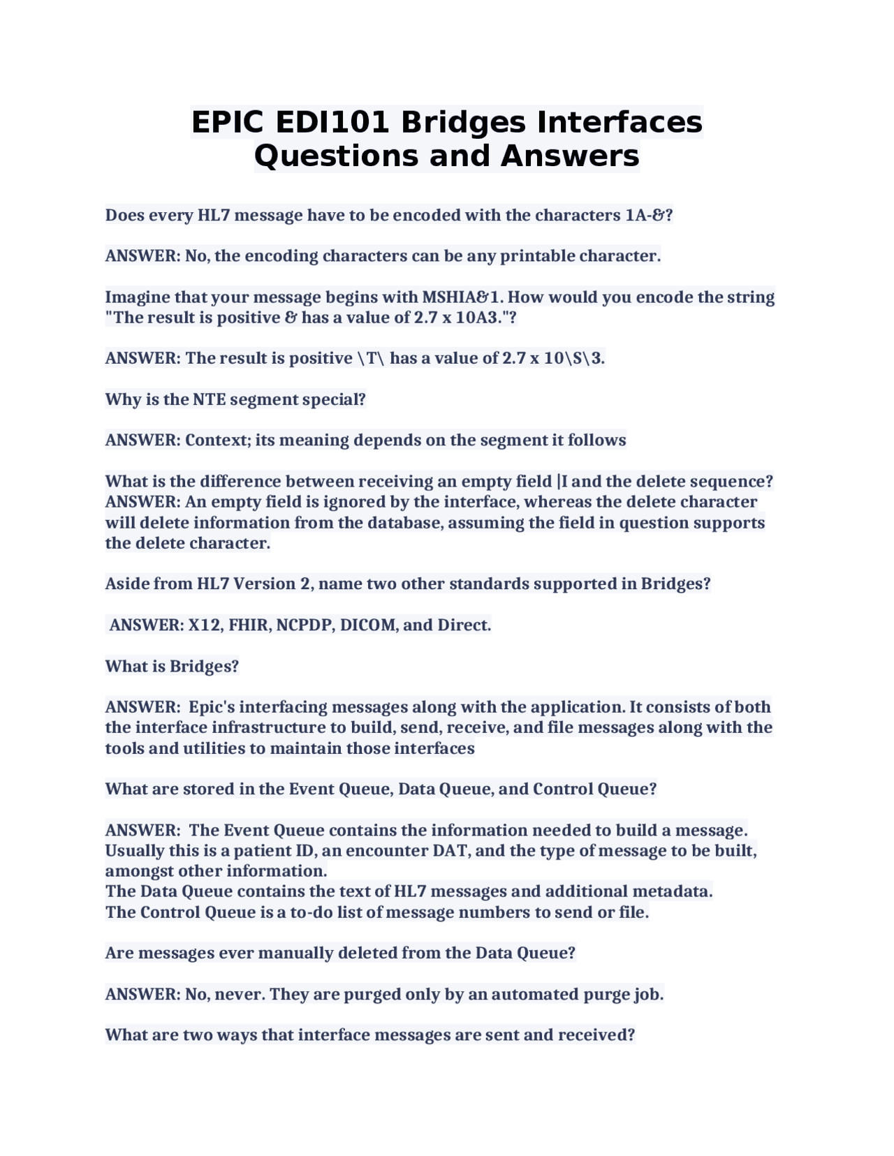 EPIC EDI101 Bridges Interfaces Questions and Answers | Exams Computer Science | Docsity
