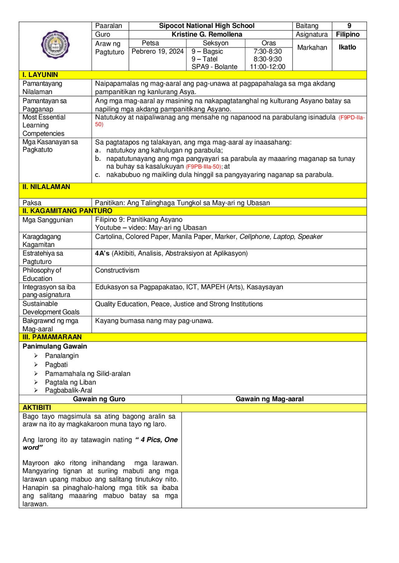 Filipino 9 Lesson plan | Lecture notes Law | Docsity