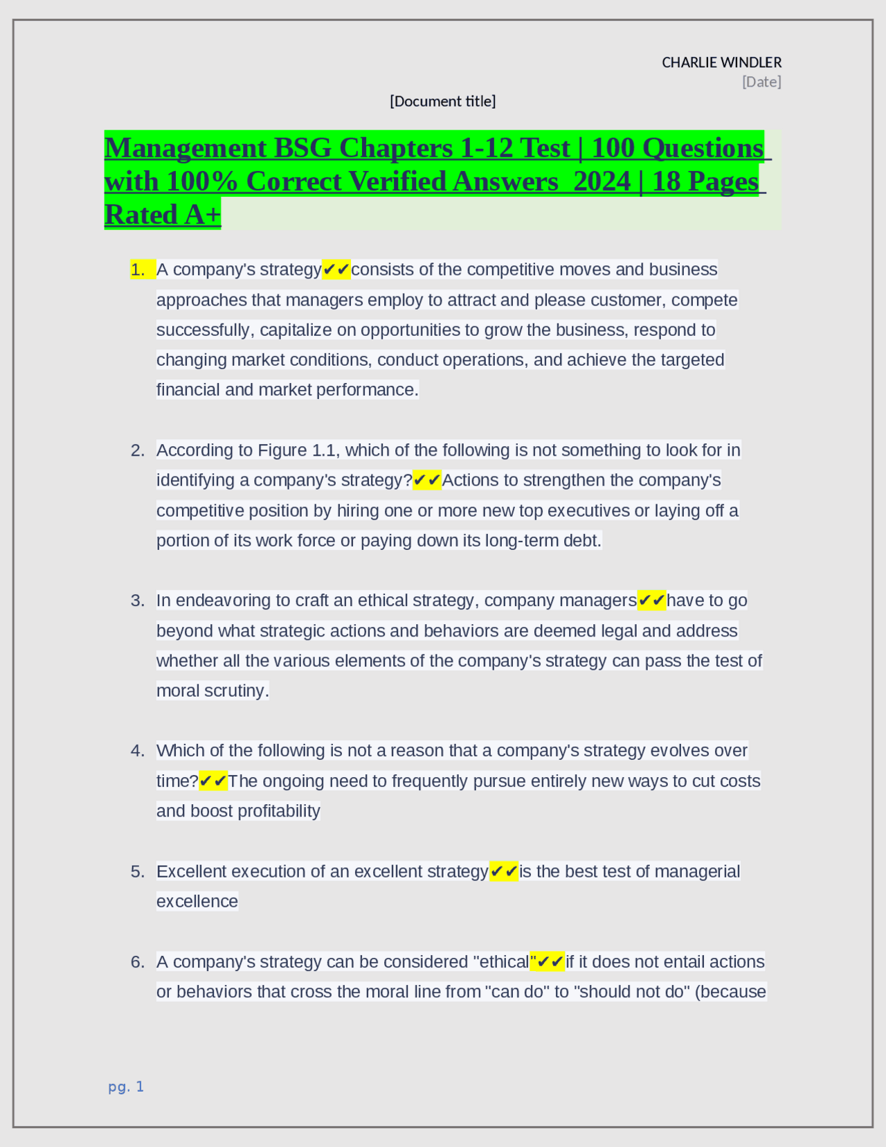 Management BSG Chapters 1-12 Test | 100 Questions with 100% Correct ...