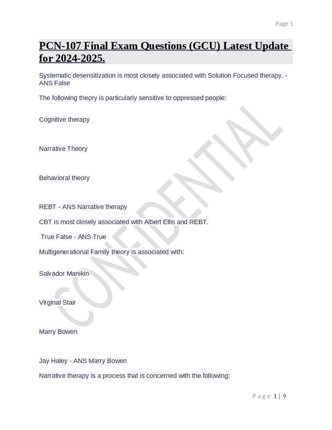 GCU Exam Questions: Psychotherapy Theories and Techniques | Exams ...