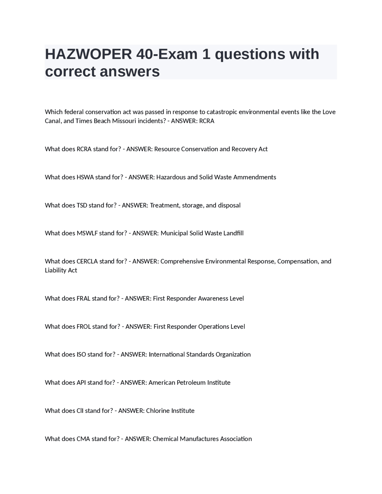 HAZWOPER Exam 1: Questions and Answers for Hazardous Materials and ...