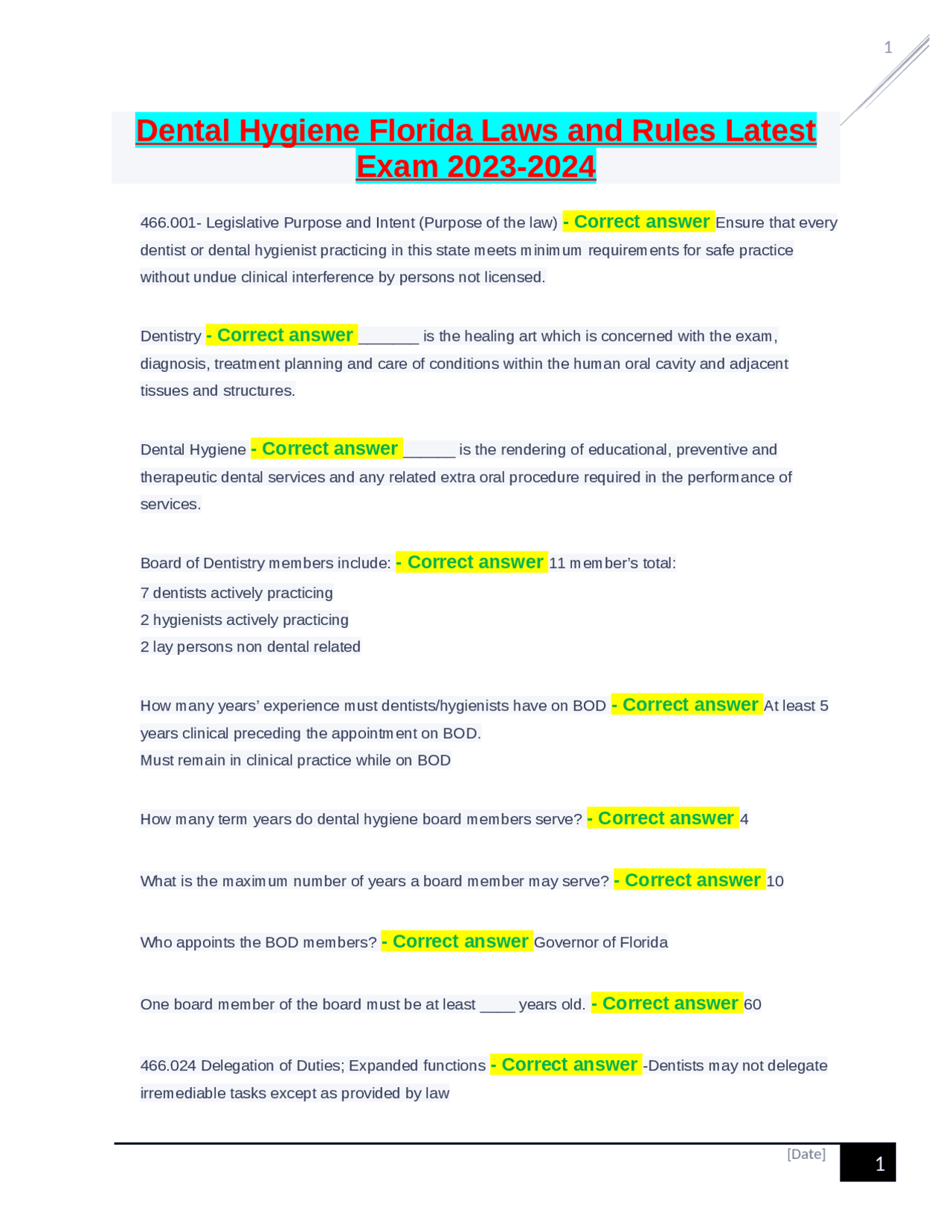 Florida Dental Laws and Rules Exam 2023-2024: Dental Hygiene ...