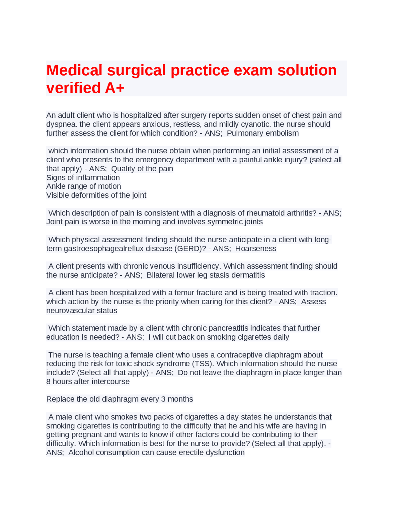 Medical surgical practice exam solution verified A+. | Exams Medicine ...