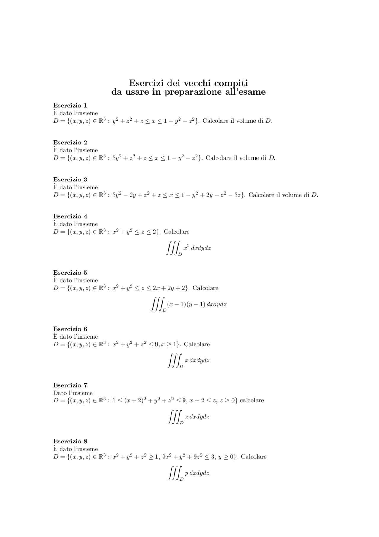 esercizi sugli integrali tripli | Esercizi di Analisi Matematica II ...