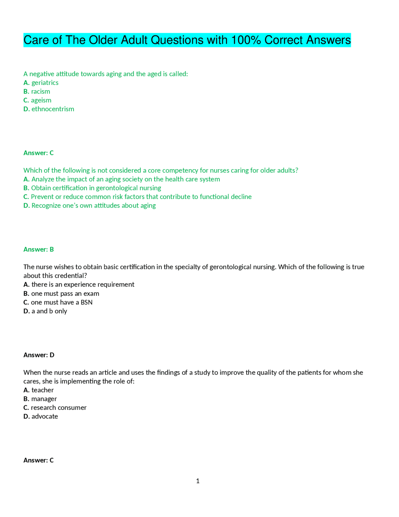 Care of The Older Adult Questions with 100% Correct Answers | Exams ...