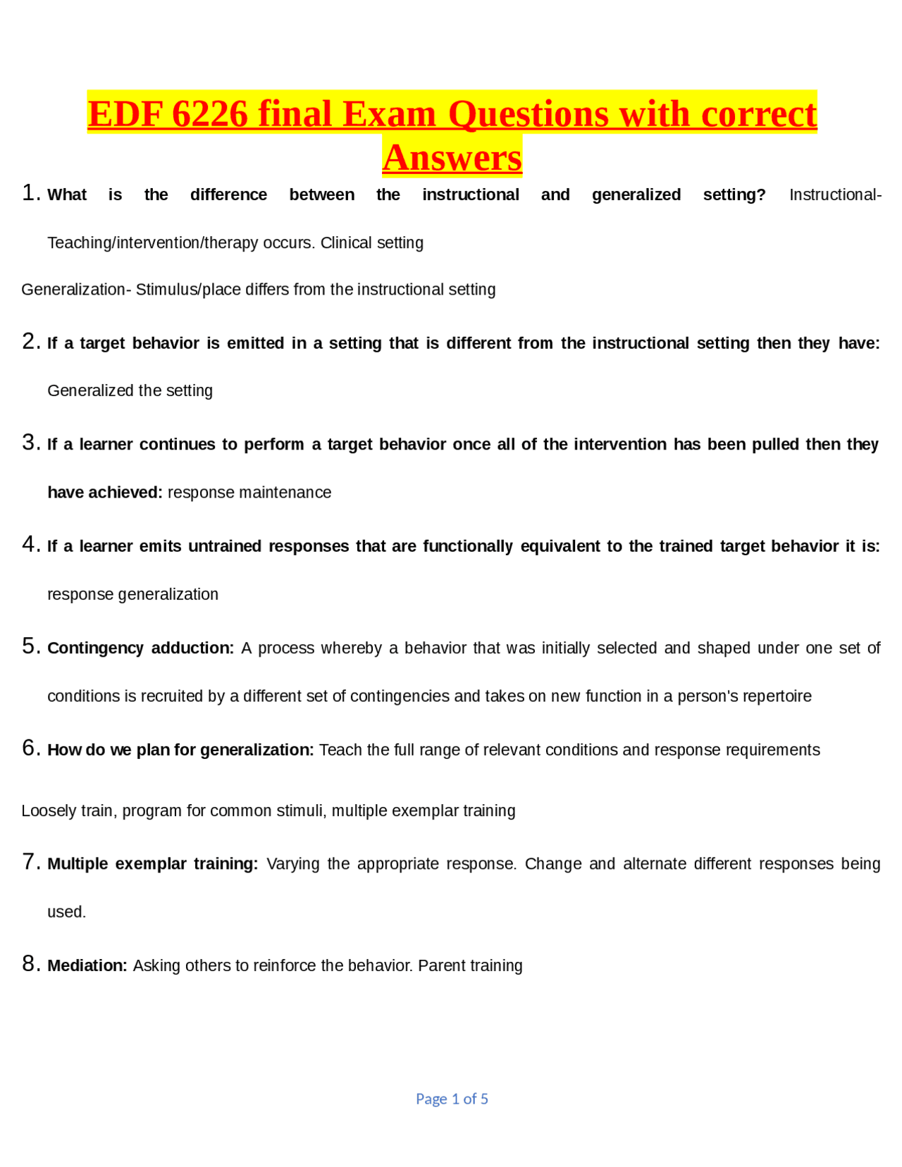 EDF 6226 Final Exam: Questions and Answers on Behavior Analysis | Exams ...