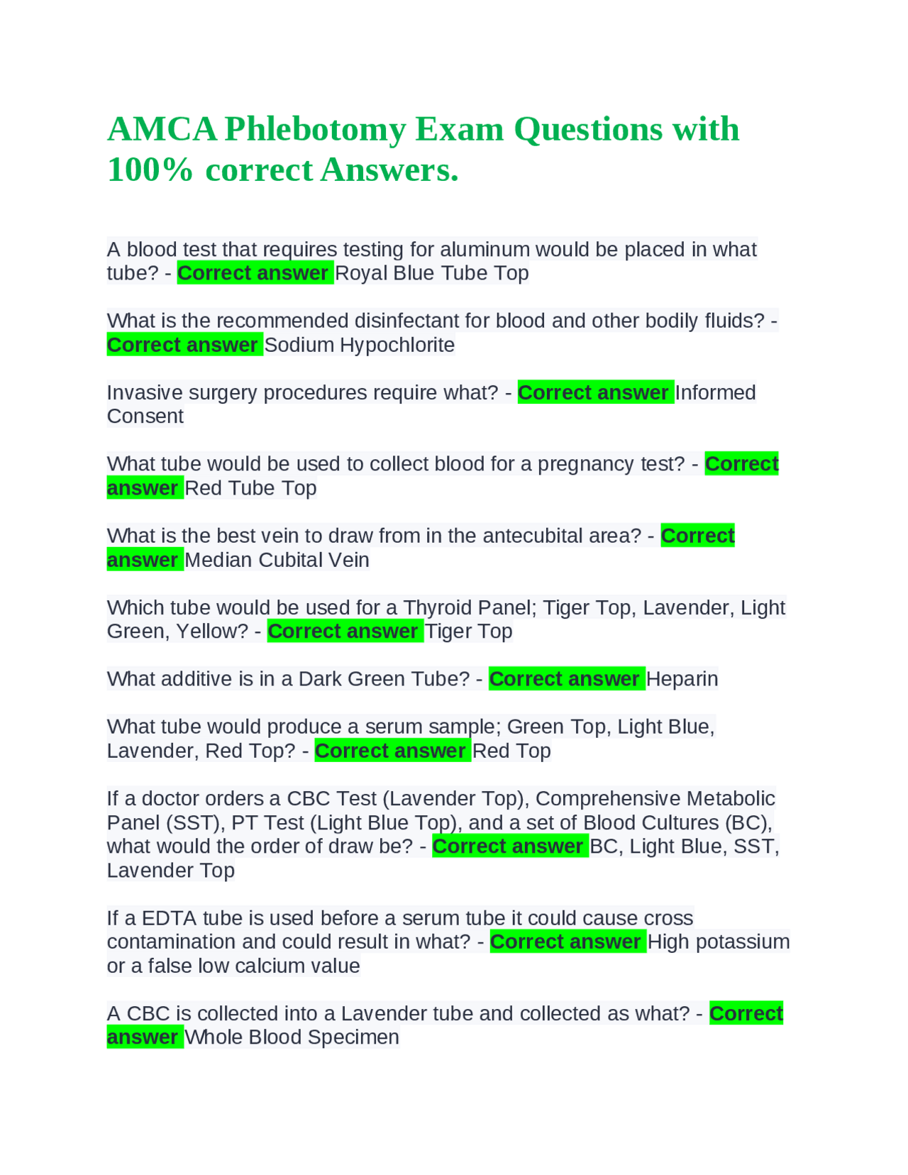 AMCA Phlebotomy Exam Questions and Answers | Exams Medicine | Docsity