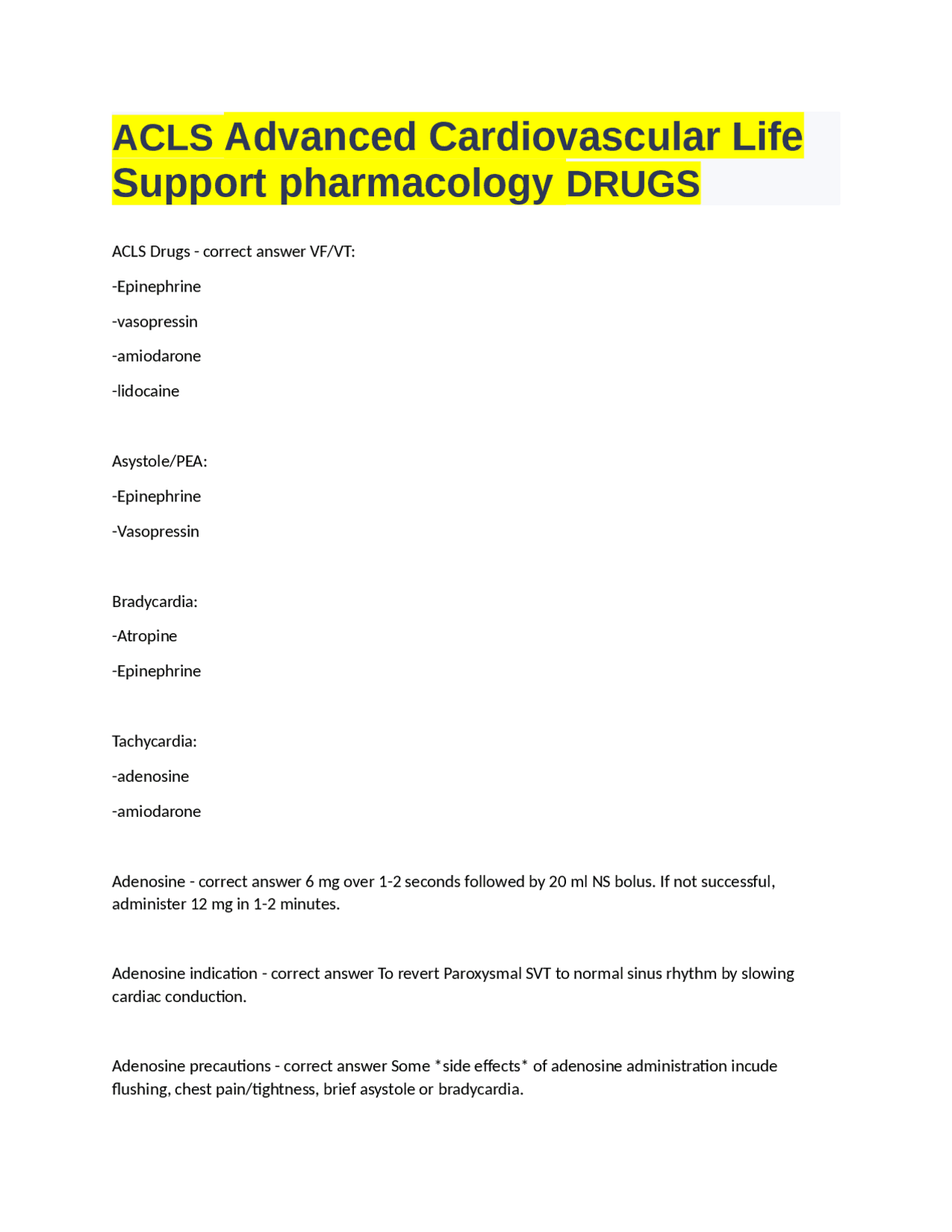 ACLS Advanced Cardiovascular Life Support pharmacology DRUGS | Exams ...