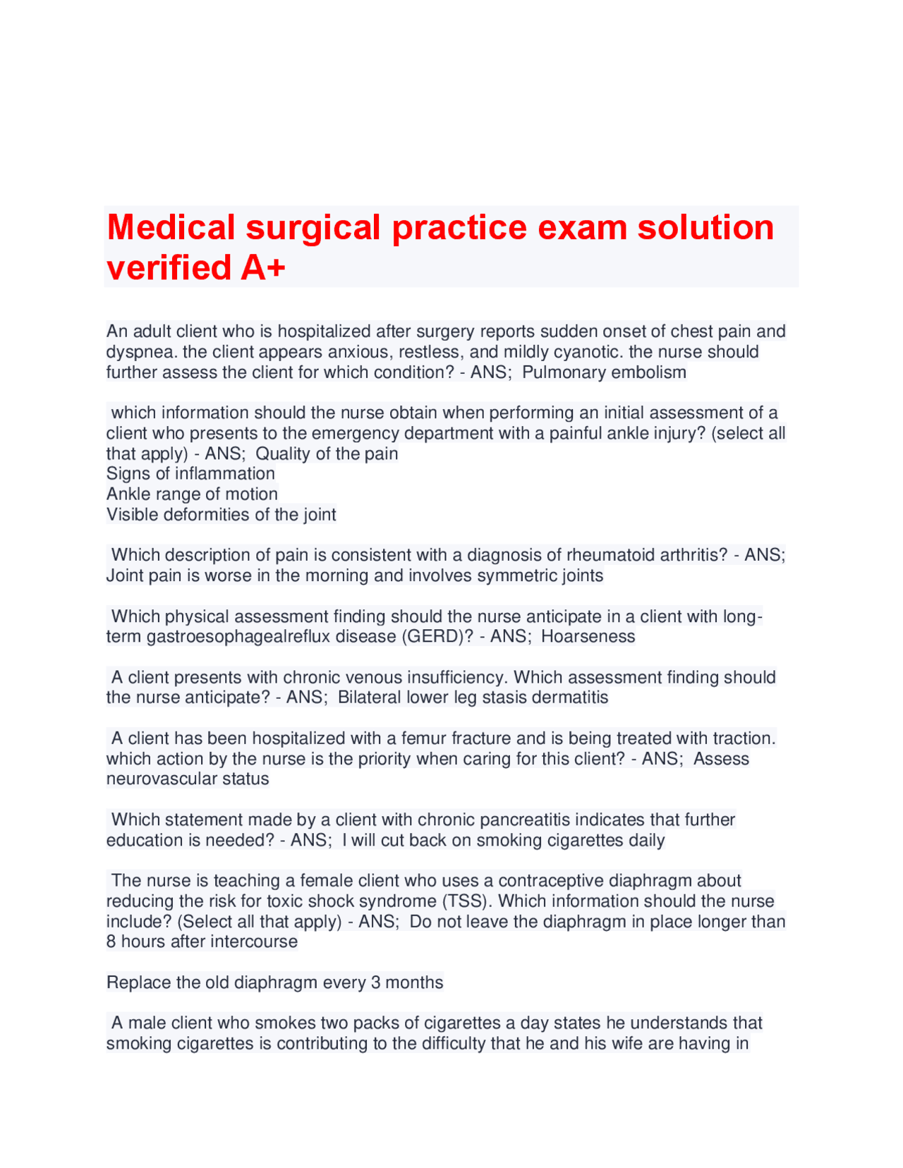 Medical surgical practice exam solution verified A+ | Exams Medicine ...