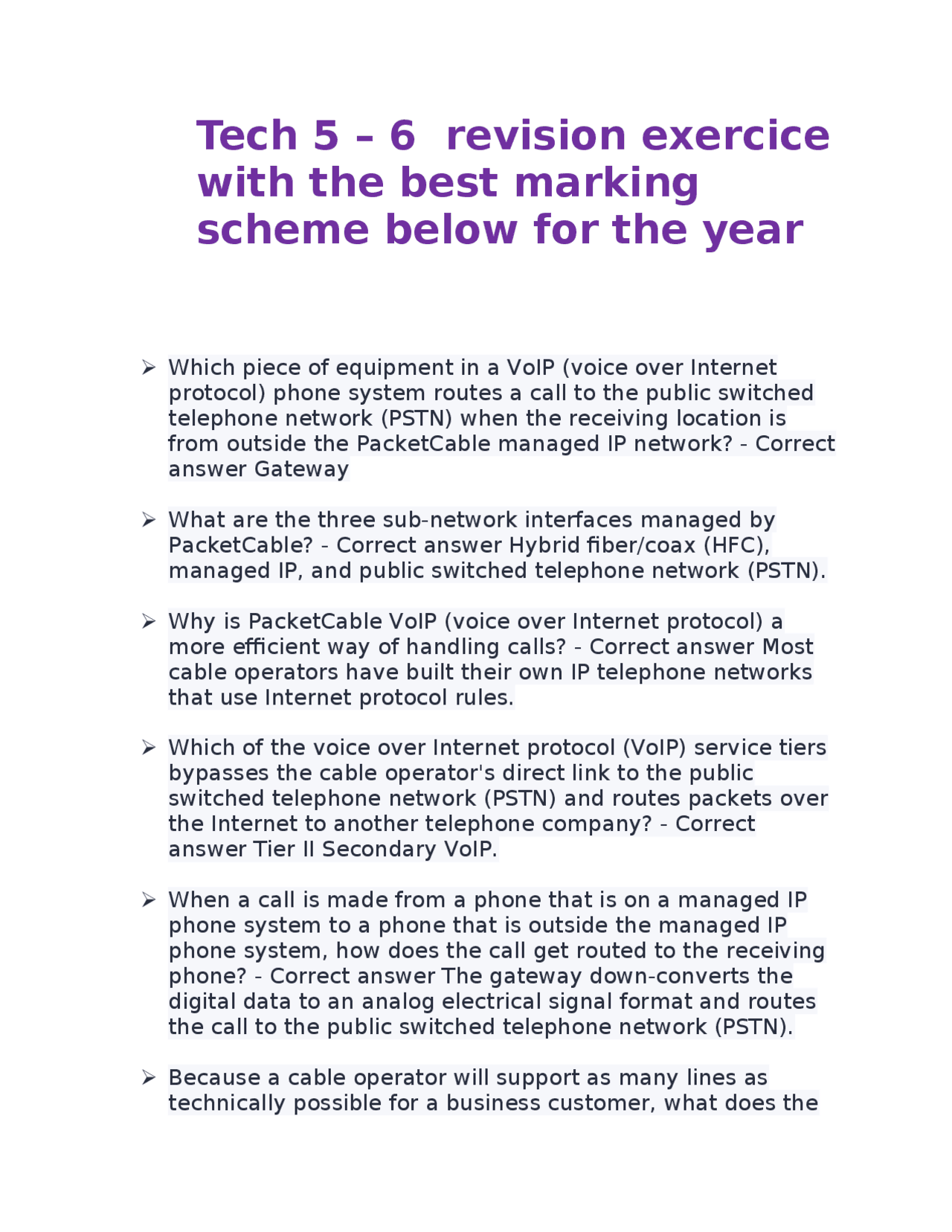 Tech 5 – 6 revision exercice with the best marking scheme below for the ...