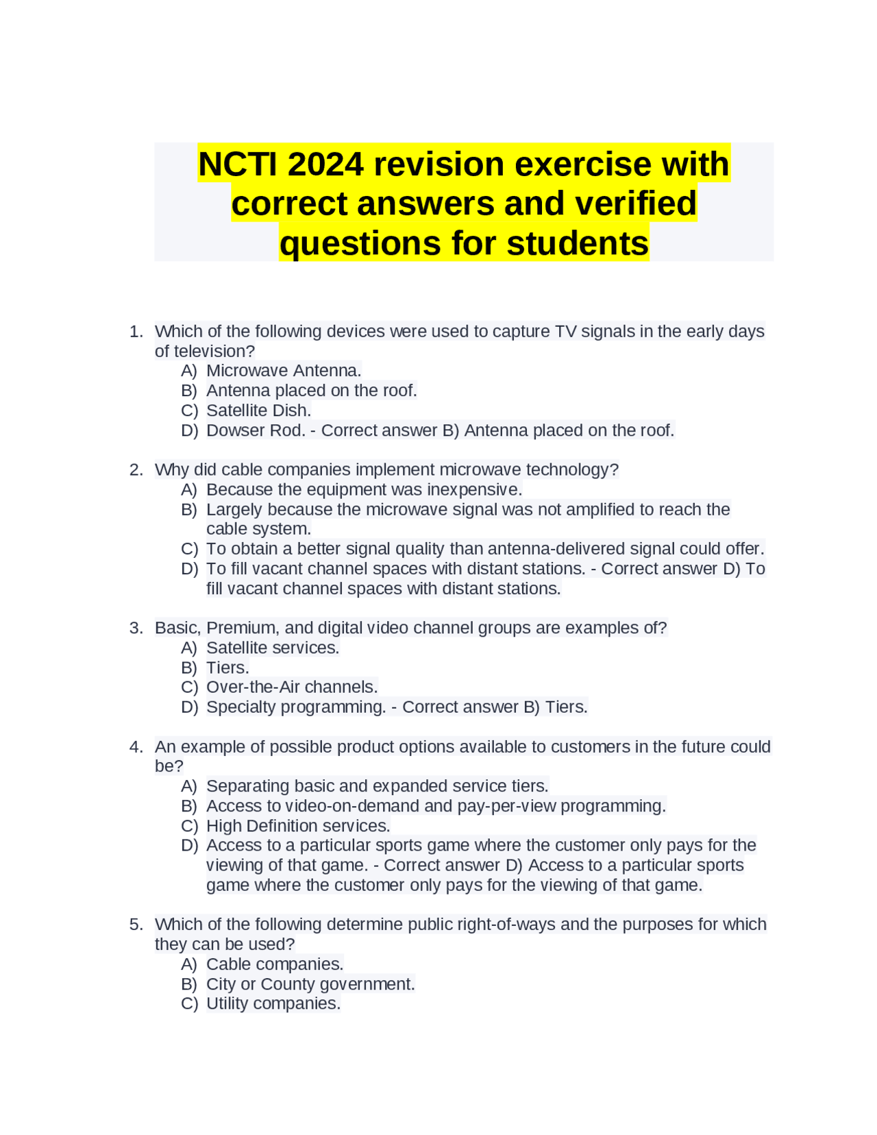 NCTI 2024 revision exercise with correct answers and verified questions for students | Exams ...