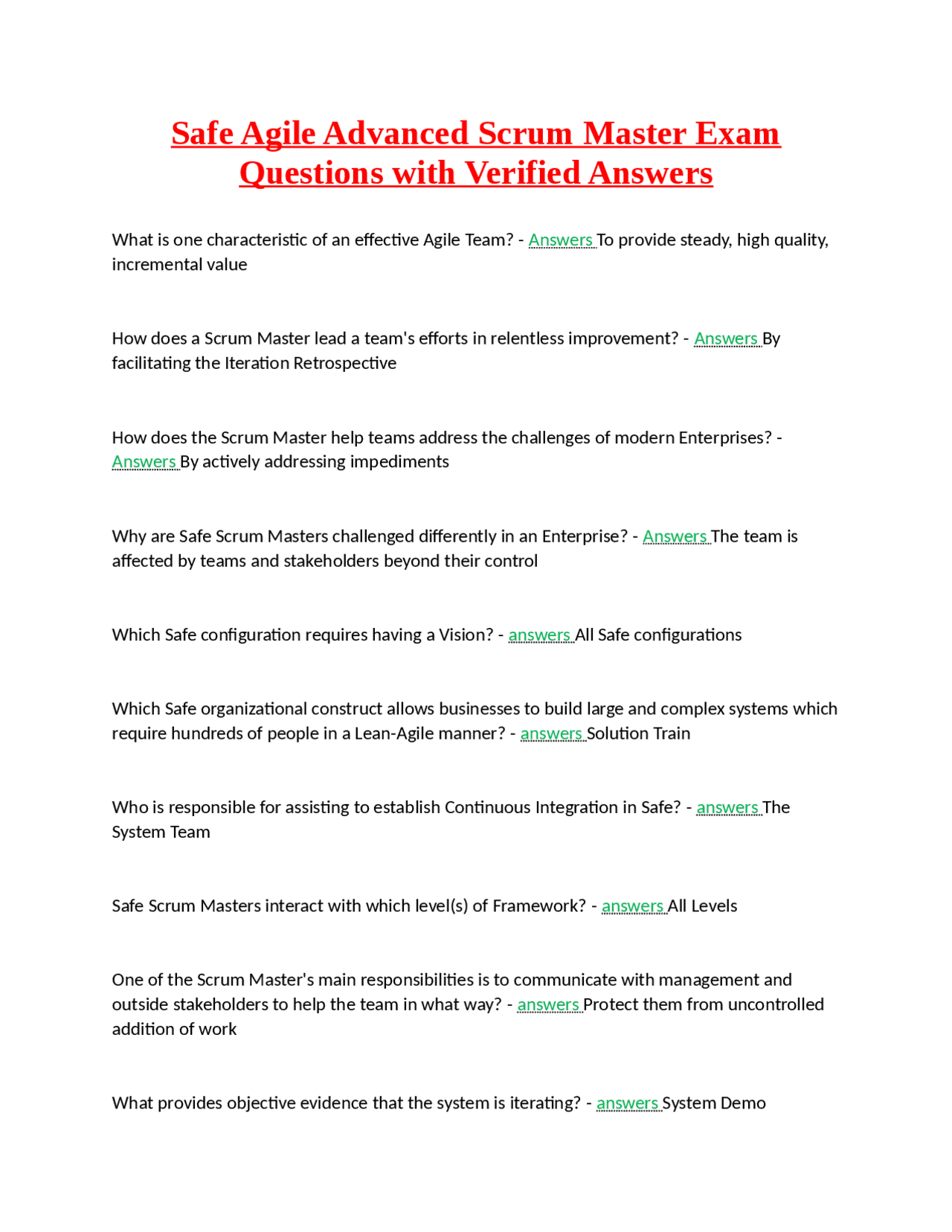 Safe Agile Advanced Scrum Master Exam Questions with Verified Answers ...