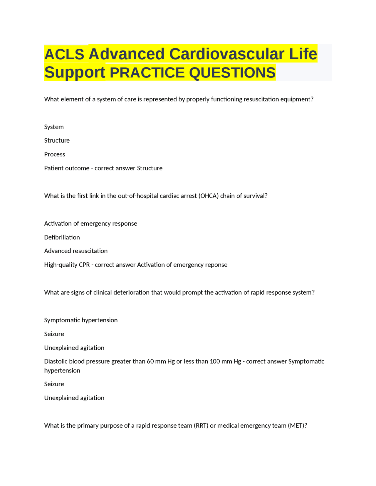 ACLS Advanced Cardiovascular Life Support PRACTICE QUESTIONS | Exams ...