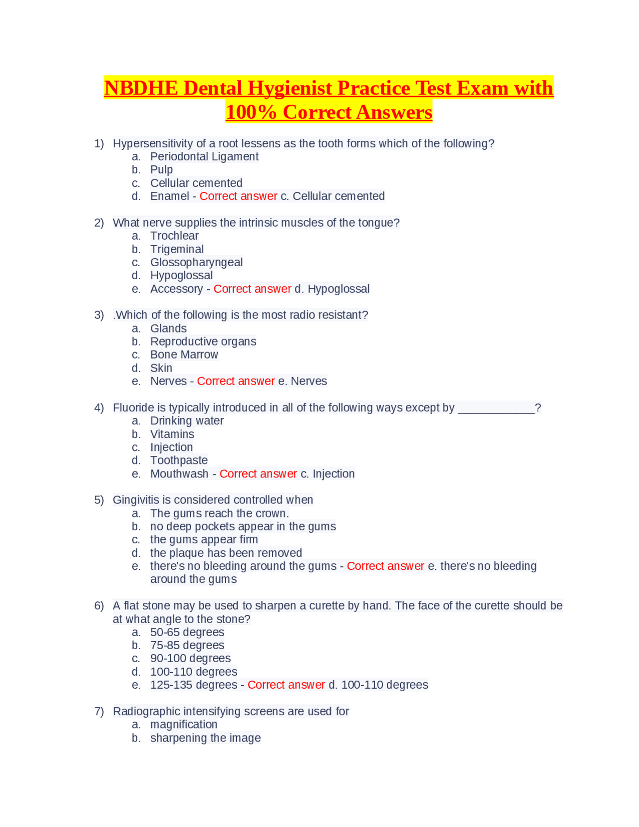 NBDHE Dental Hygienist Practice Test Exam with 100% Correct Answers ...