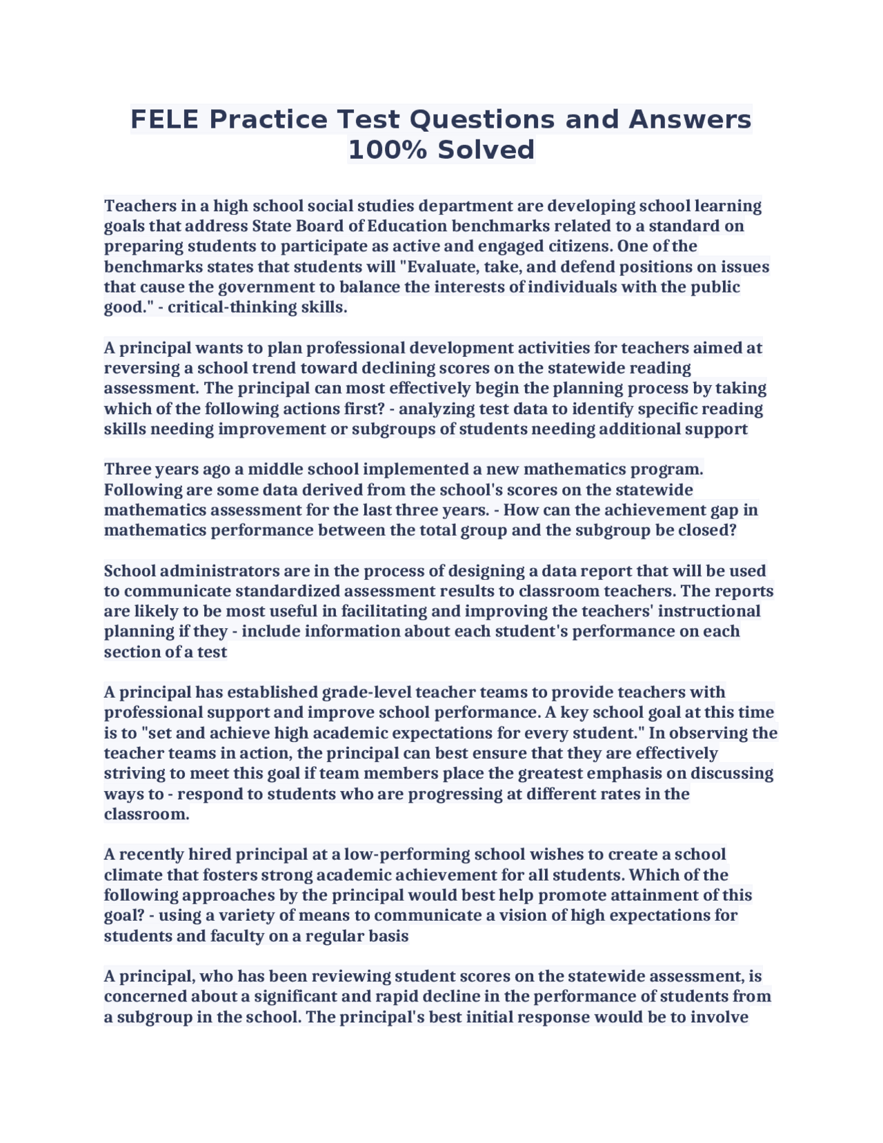 FELE Practice Test Questions and Answers 100% Solved | Exams Advanced ...