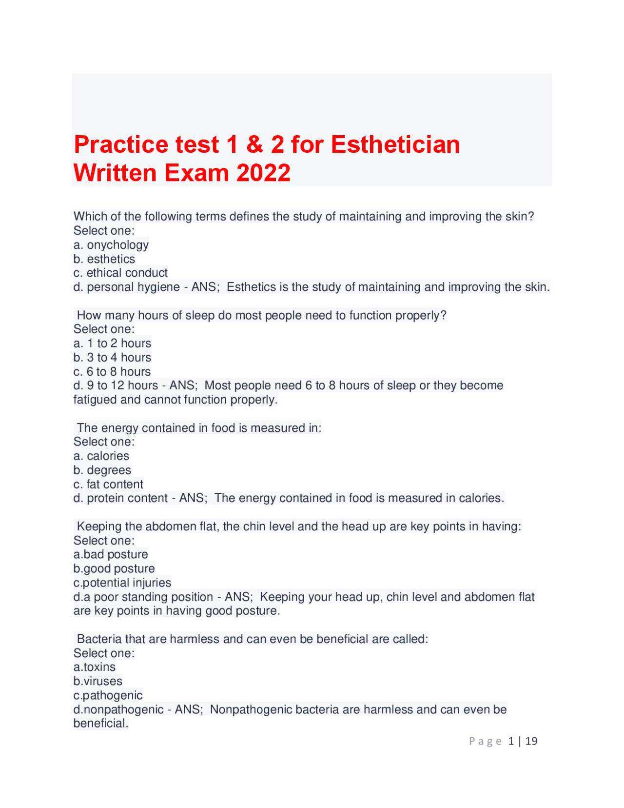 Practice test 1 & 2 for Esthetician Written Exam 2022 | Exams ...
