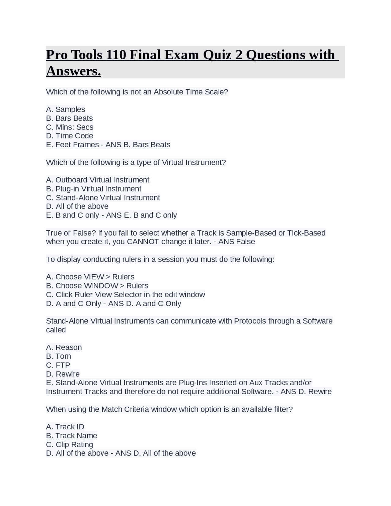 Pro Tools Exam Questions: Absolute Time Scales, Virtual Instruments ...