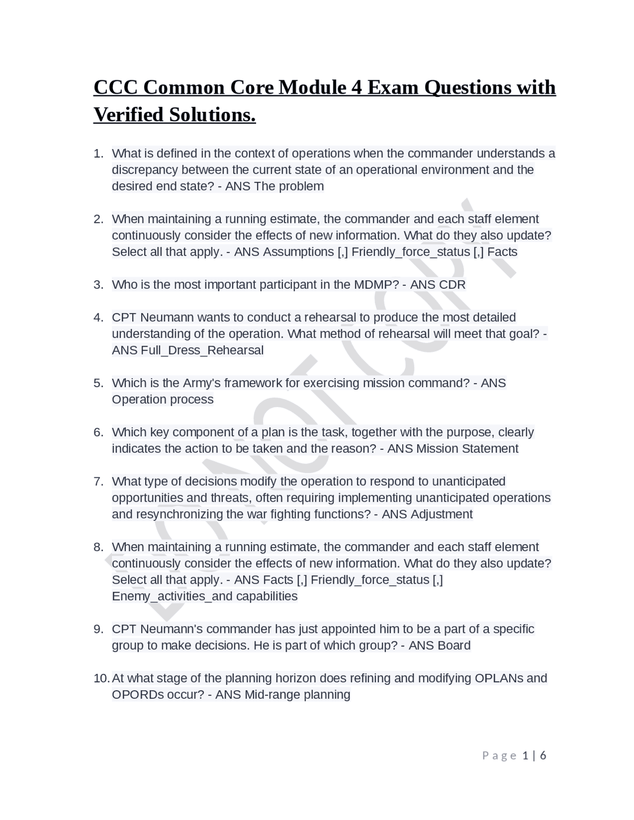 Ccc Common Core Module 4 Exam Questions With Verified Solutions Exams Military Leadership