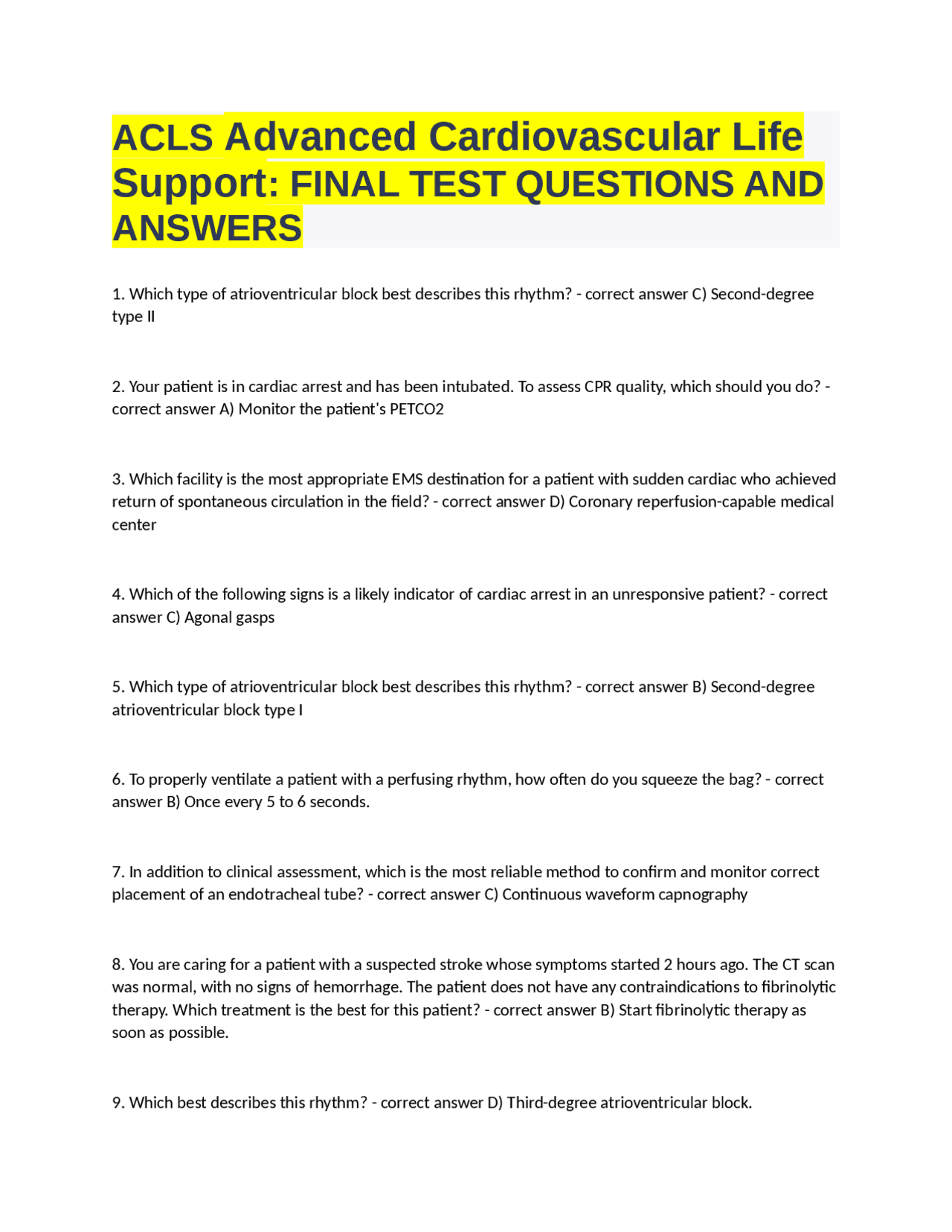ACLS Advanced Cardiovascular Life Support: FINAL TEST QUESTIONS AND ...