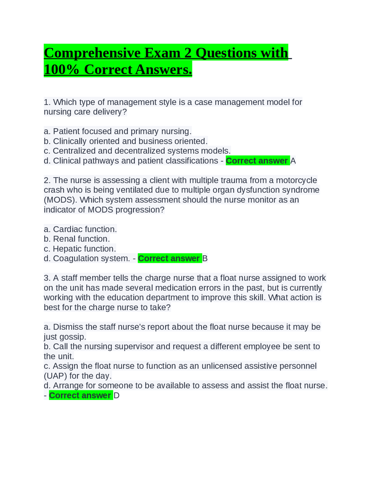 Comprehensive Exam 2 Questions with 100% Correct Answers. | Exams ...