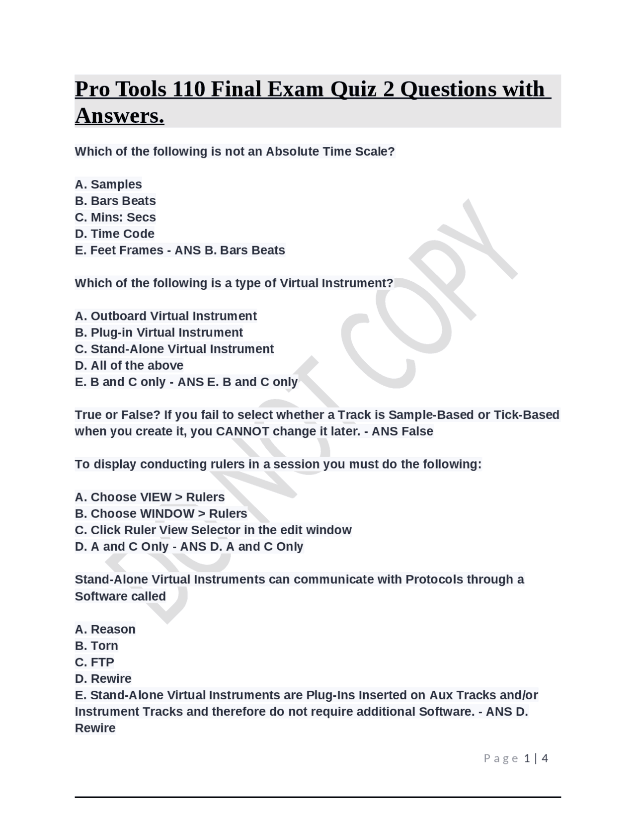 Pro Tools 110 Final Exam Quiz 2 Questions with Answers. | Exams ...