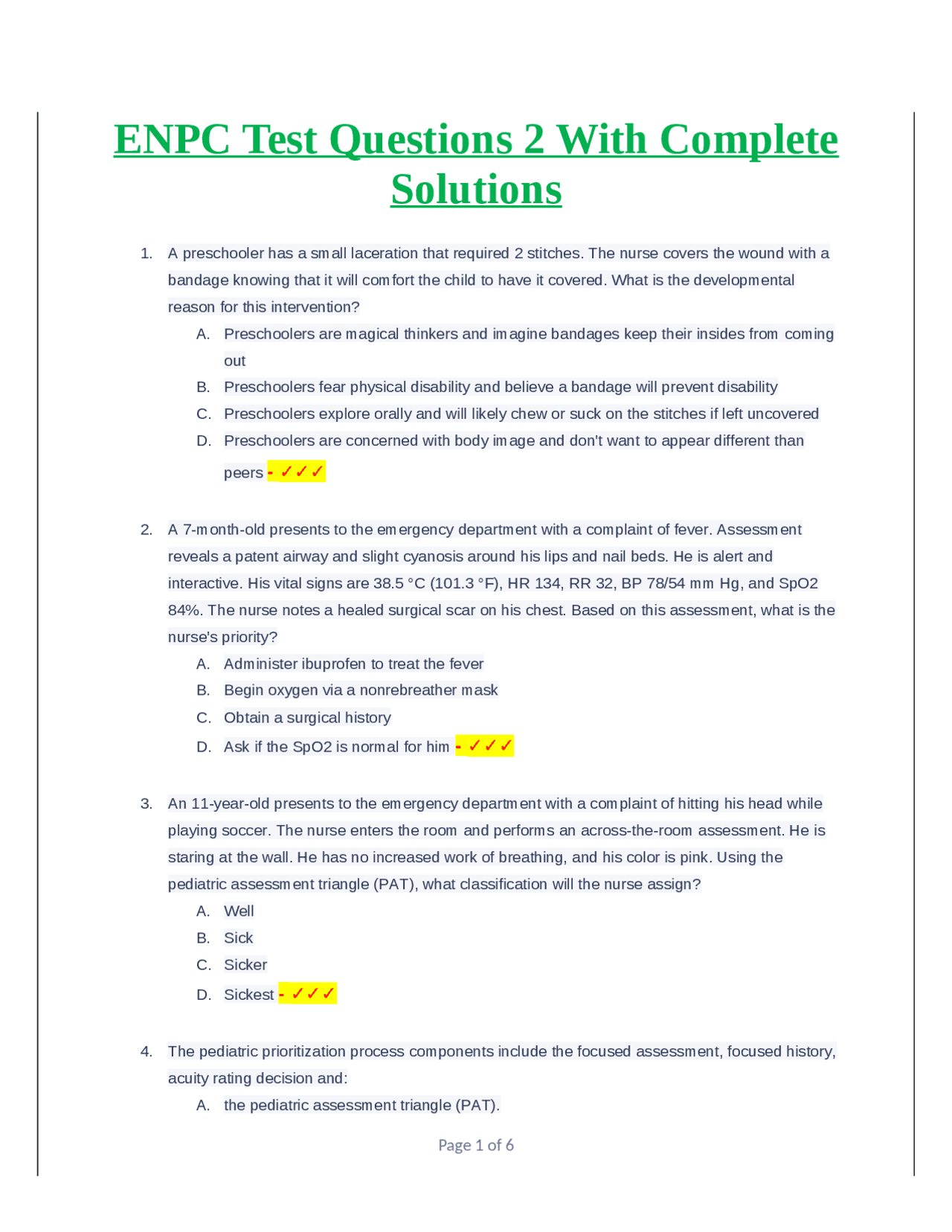 ENPC Test Questions with Complete Solutions | Exams Nursing | Docsity