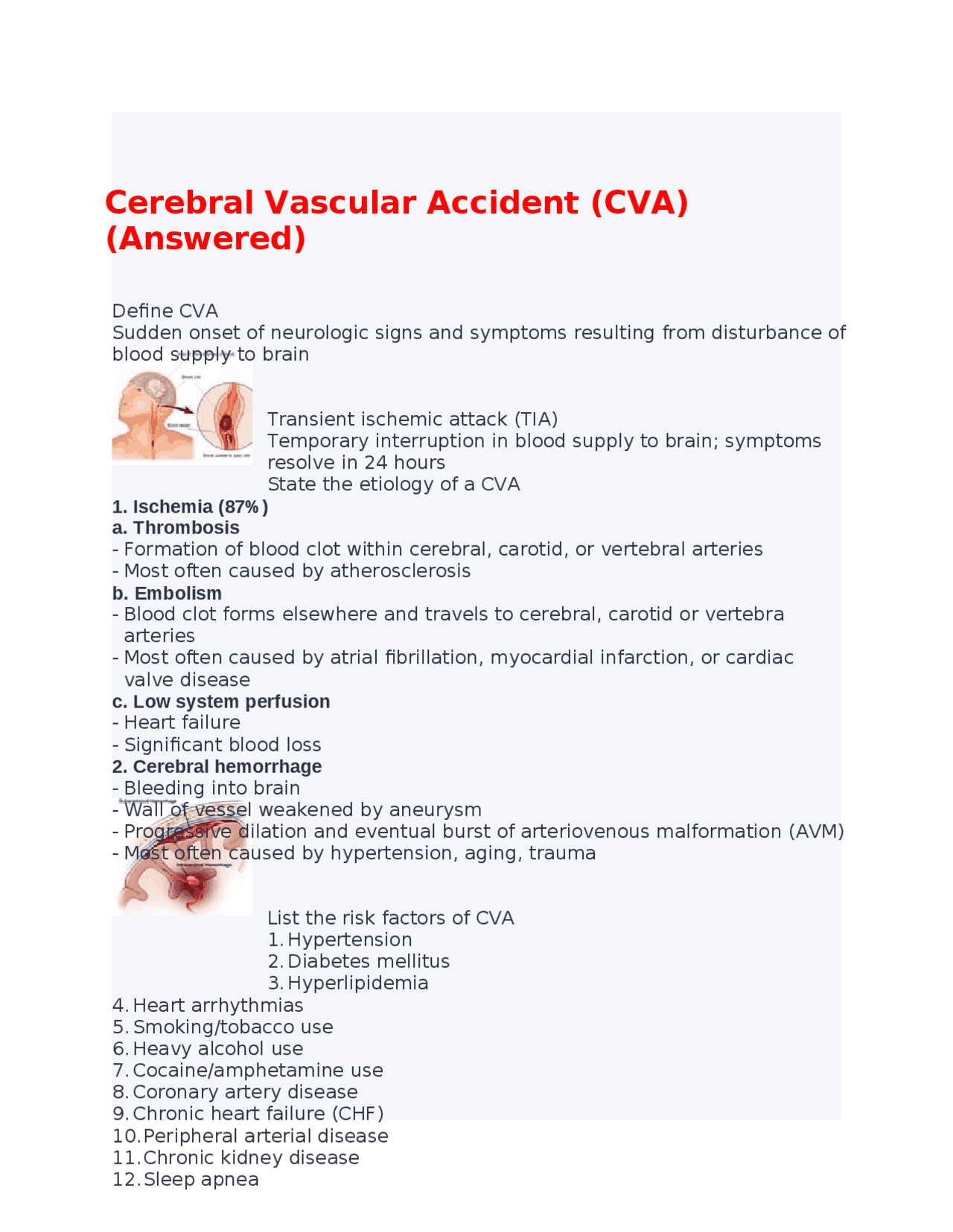 Cerebral Vascular Accident (CVA) (Answered) | Exams Nursing | Docsity