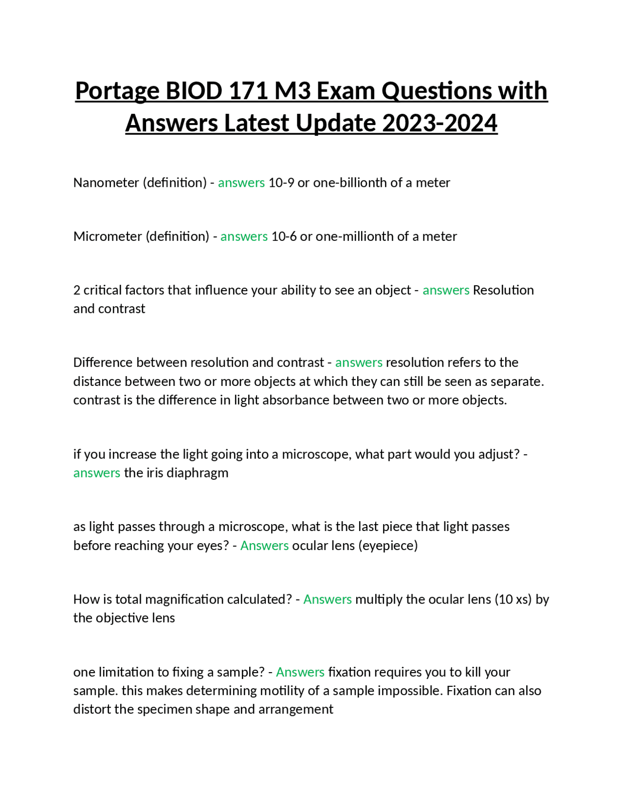 Portage BIOD 171 M3 Exam Questions with Answers Latest Update 2023-2024 ...