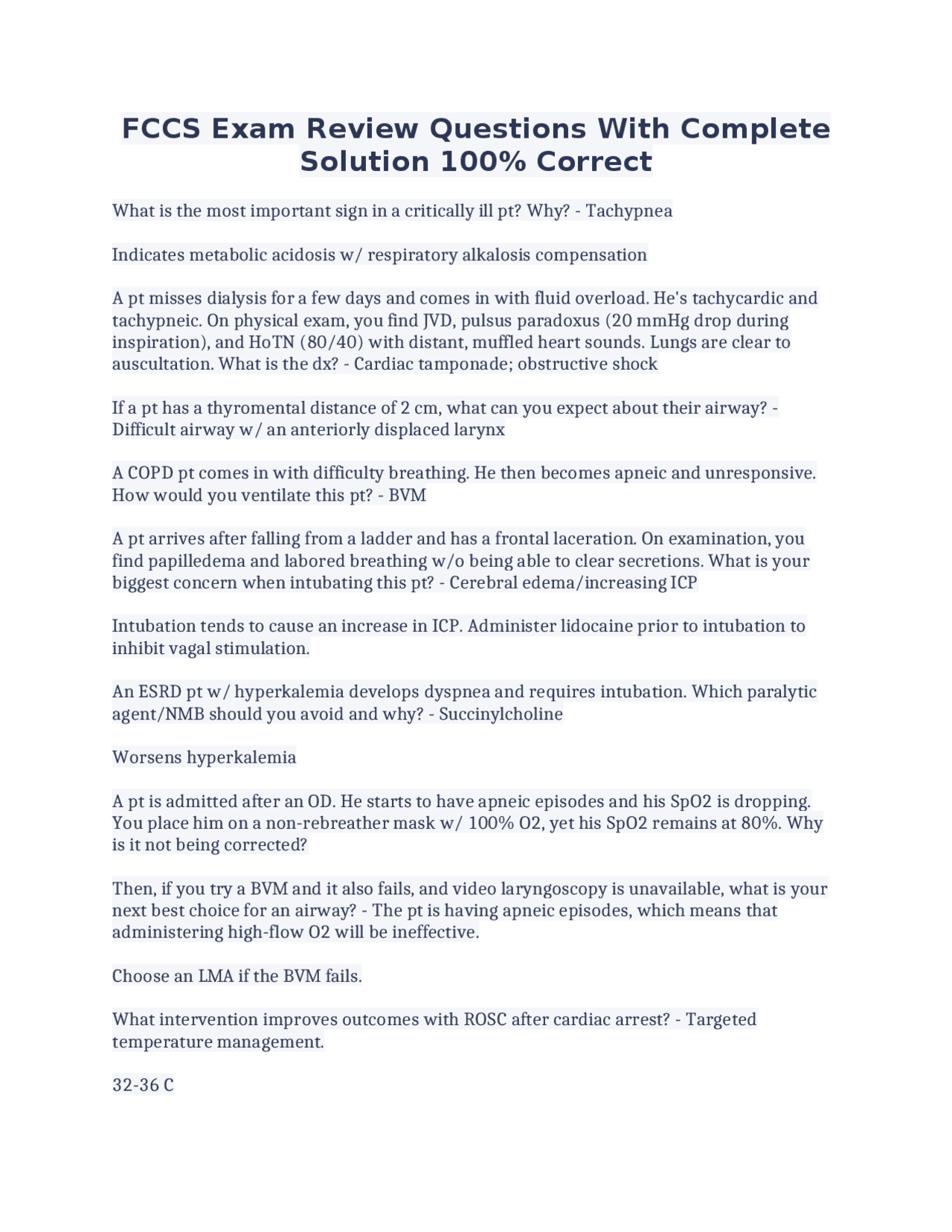FCCS Exam Review Questions With Complete Solution 100% Correct | Exams ...