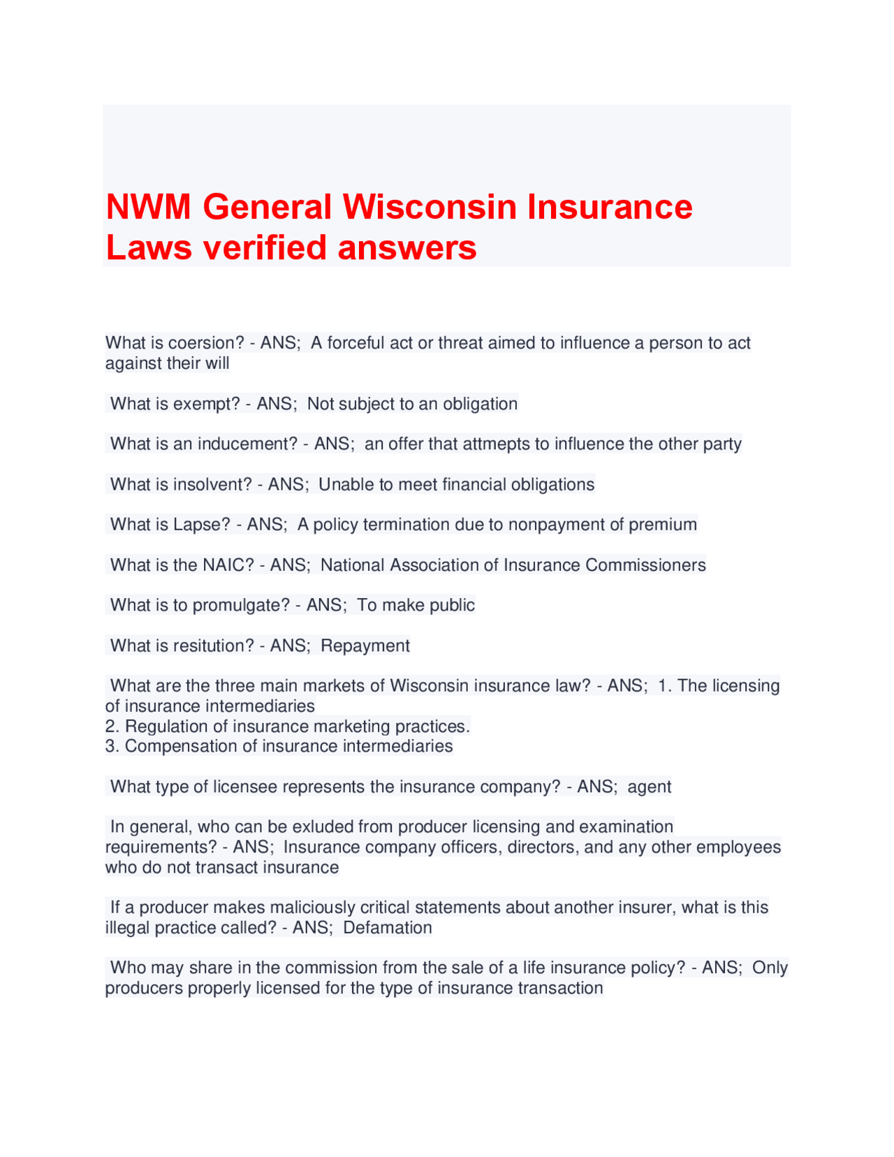Wisconsin Insurance Law: Three Main Markets and Regulations | Exams ...