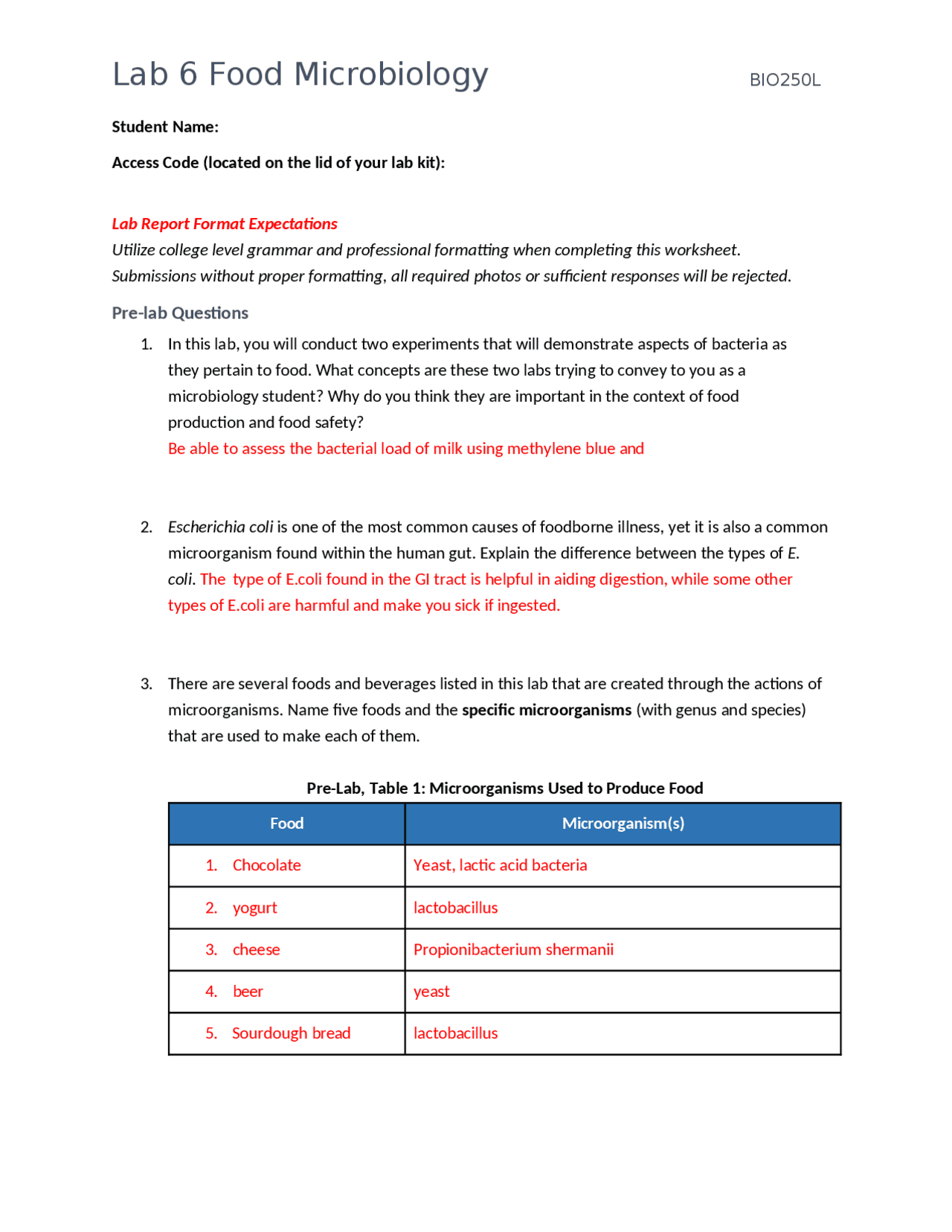 BIO250L Lab 6 Food Microbiology SPRING 2024 | Lab Reports Microbiology ...