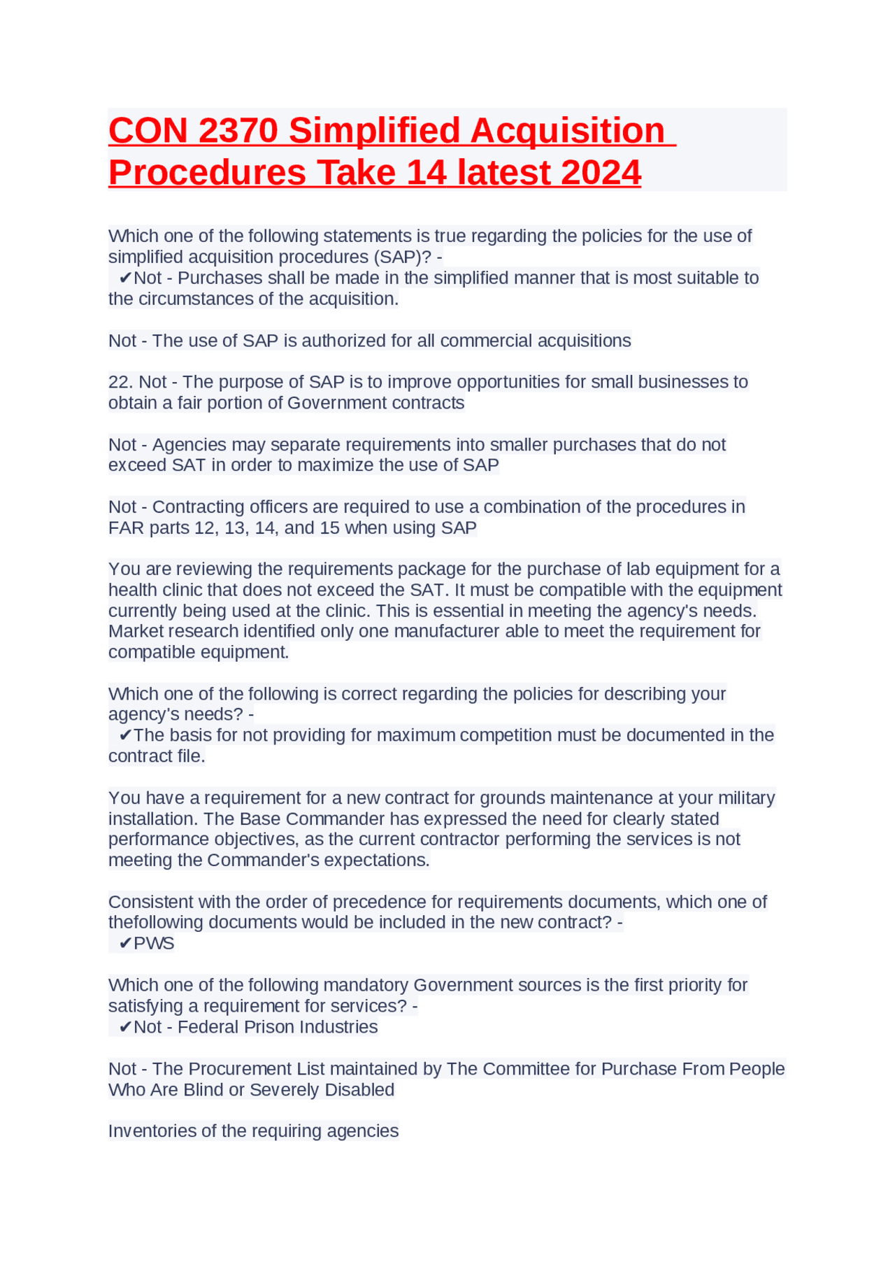 CON 2370 Simplified Acquisition Procedures Take 14 latest 2024 | Exams ...