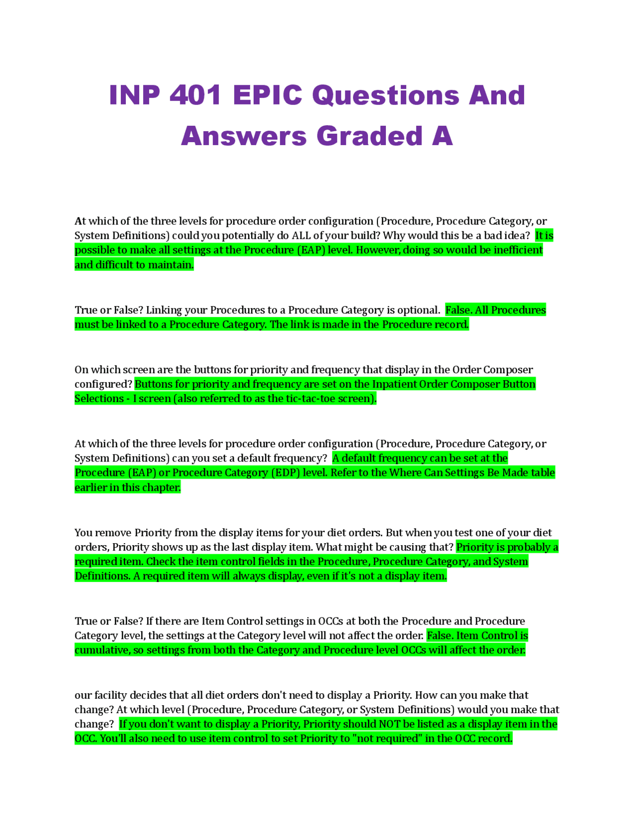 EPIC Procedure Order Configuration: Questions and Answers | Exams ...