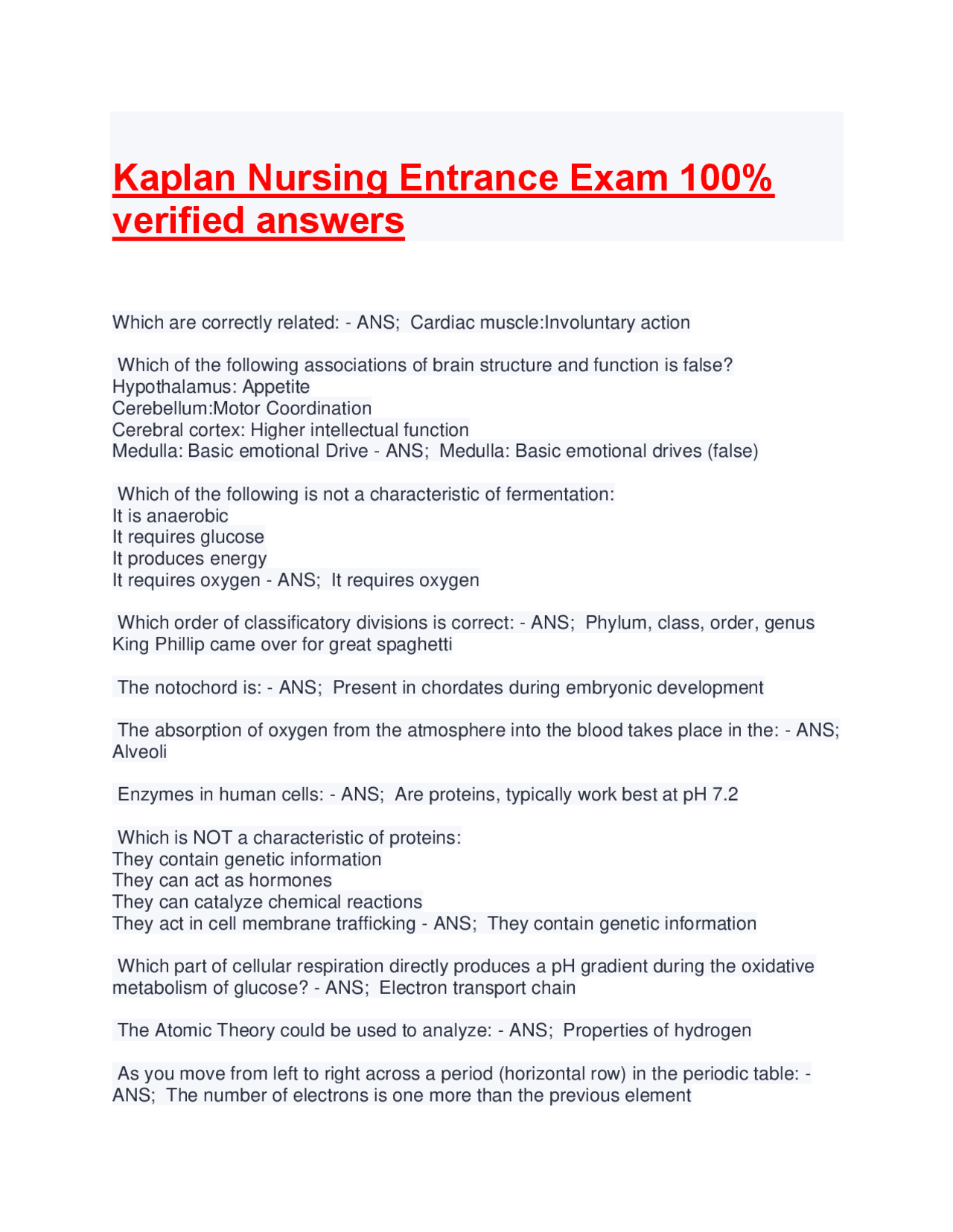 Kaplan Nursing Entrance Exam 100% verified answers. | Exams Nursing ...