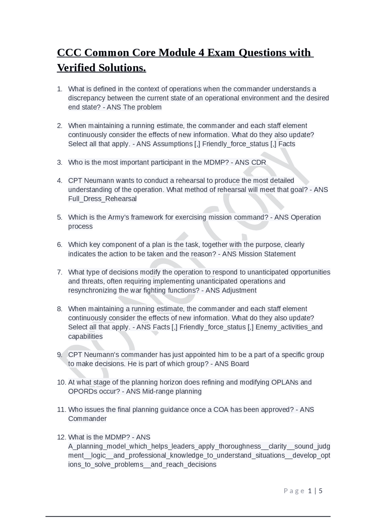 Ccc Common Core Module 4 Exam Questions And Solutions For Mission Command Exams Military