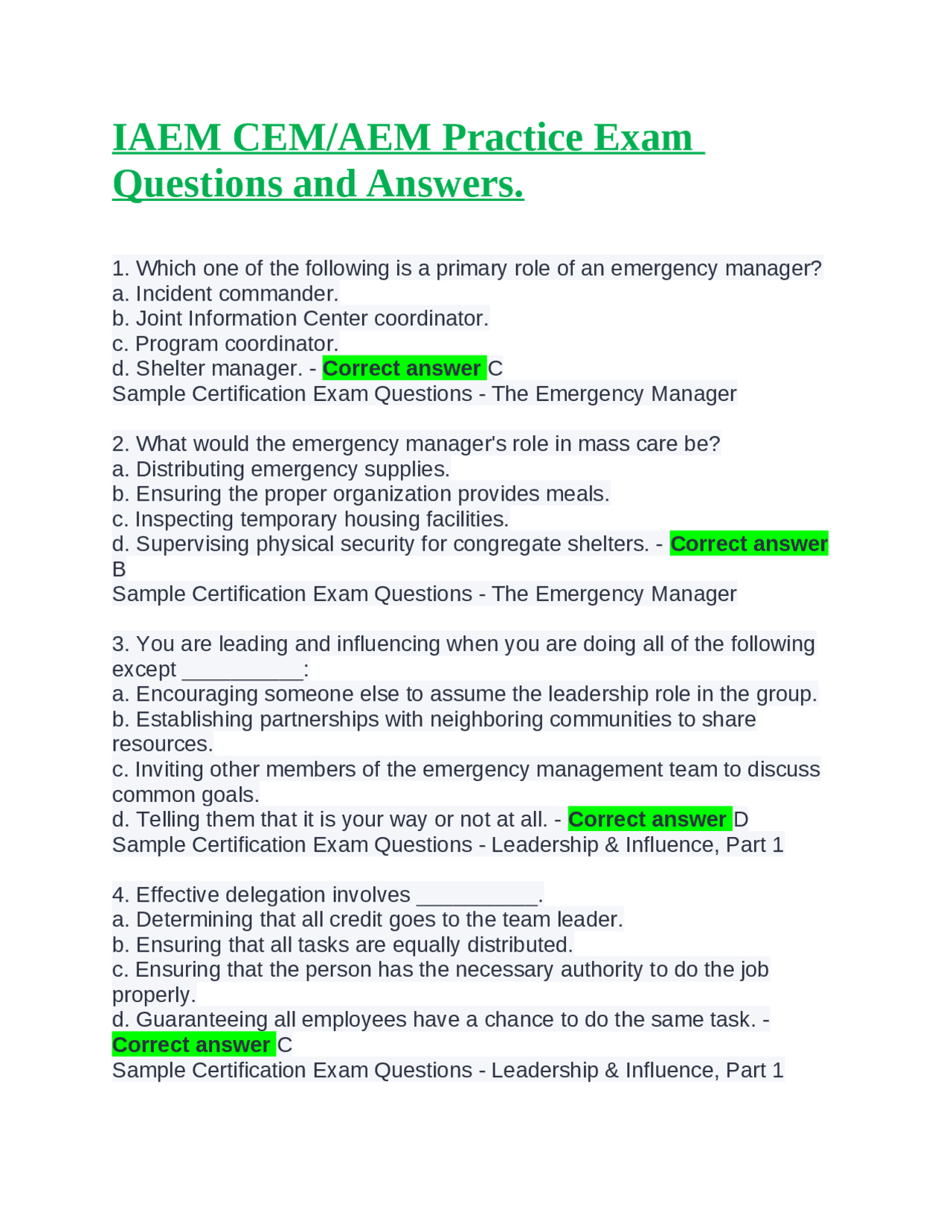IAEM CEM/AEM Practice Exam Questions and Answers. | Exams Medicine ...