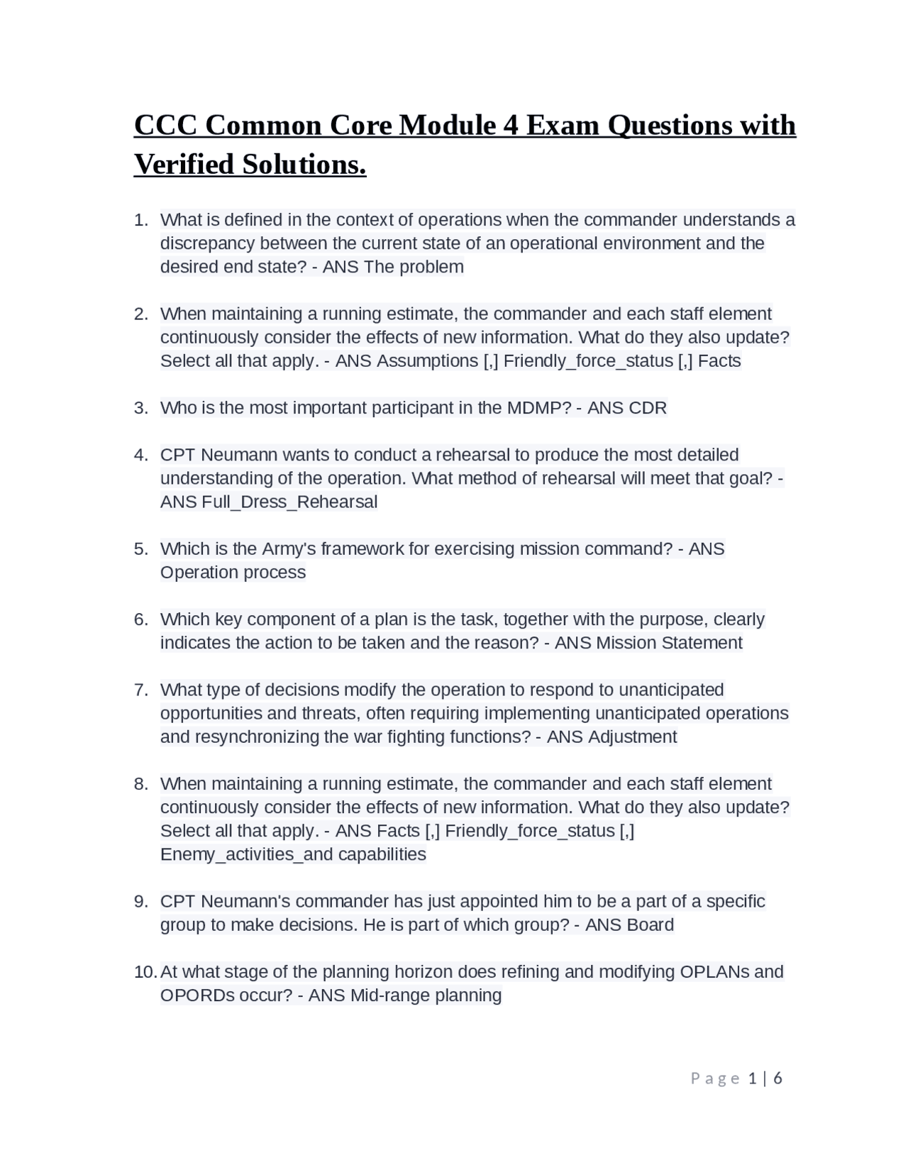 CCC Module 4: Exam Questions with Solutions - Military Decision Making ...
