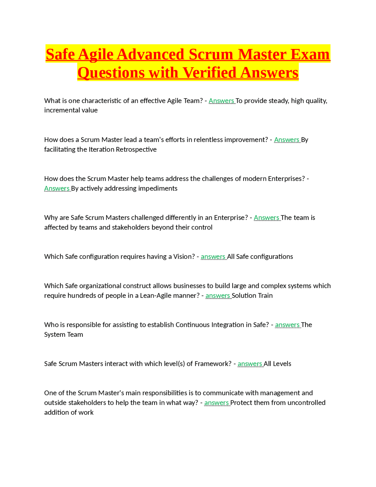 Safe Agile Advanced Scrum Master Exam Questions with Verified Answers ...