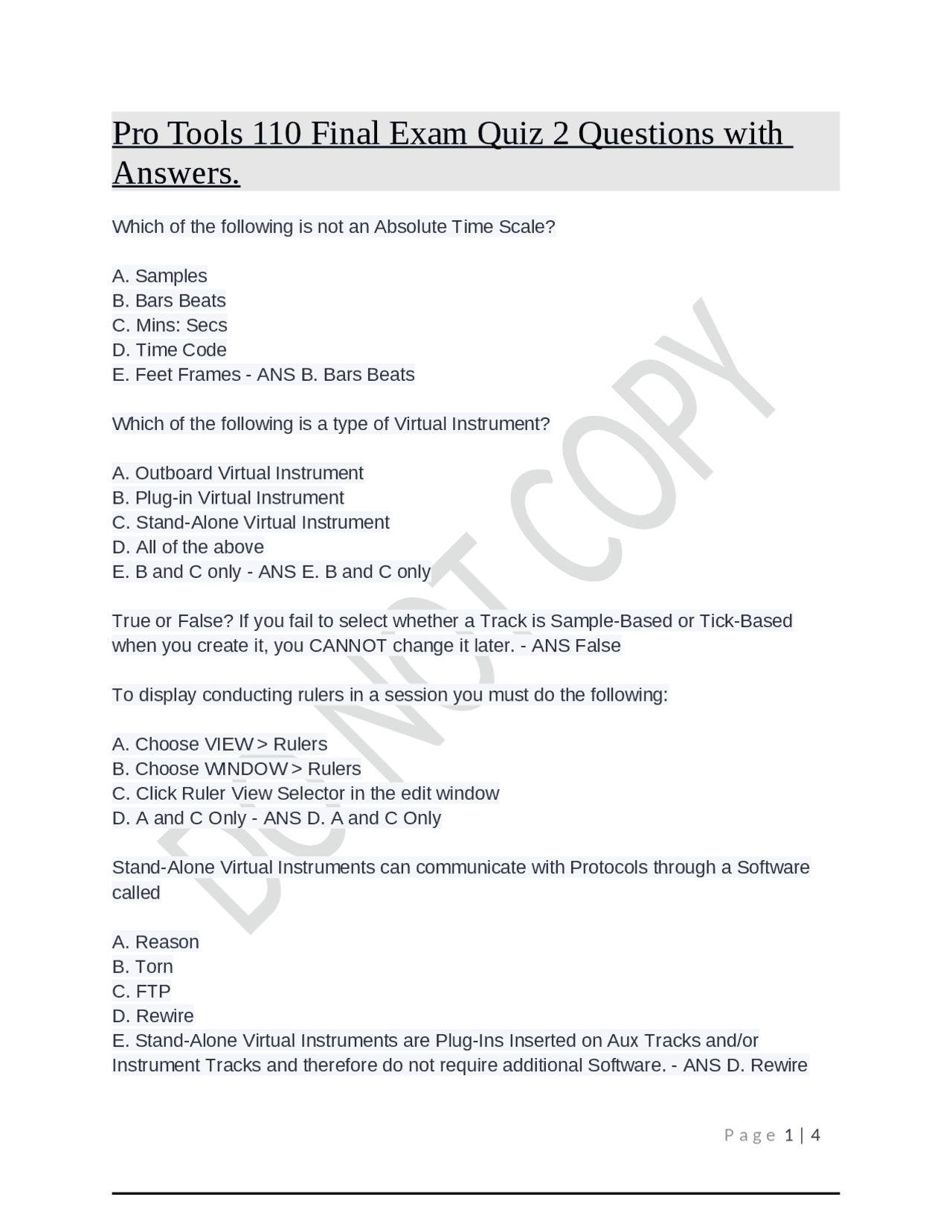 Pro Tools 110 Final Exam Quiz 2 Questions with Answers. | Exams ...