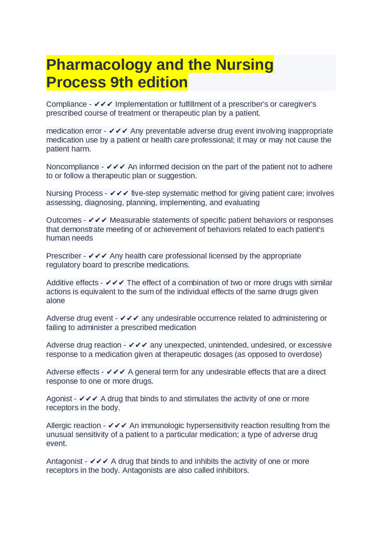 Pharmacology and Nursing Process: Key Concepts and Definitions | Exams ...