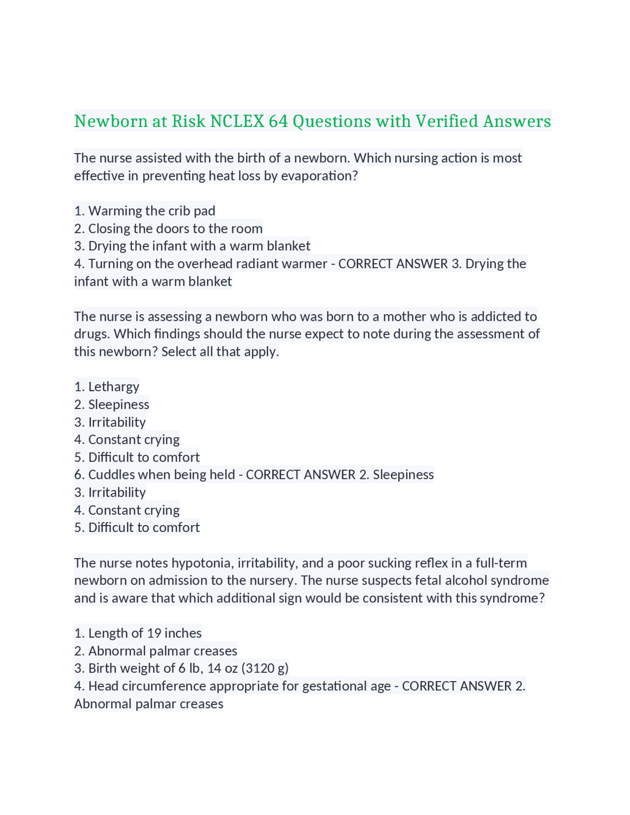 Newborn At Risk Nclex 64 Questions With Verified Answers 100 Correct