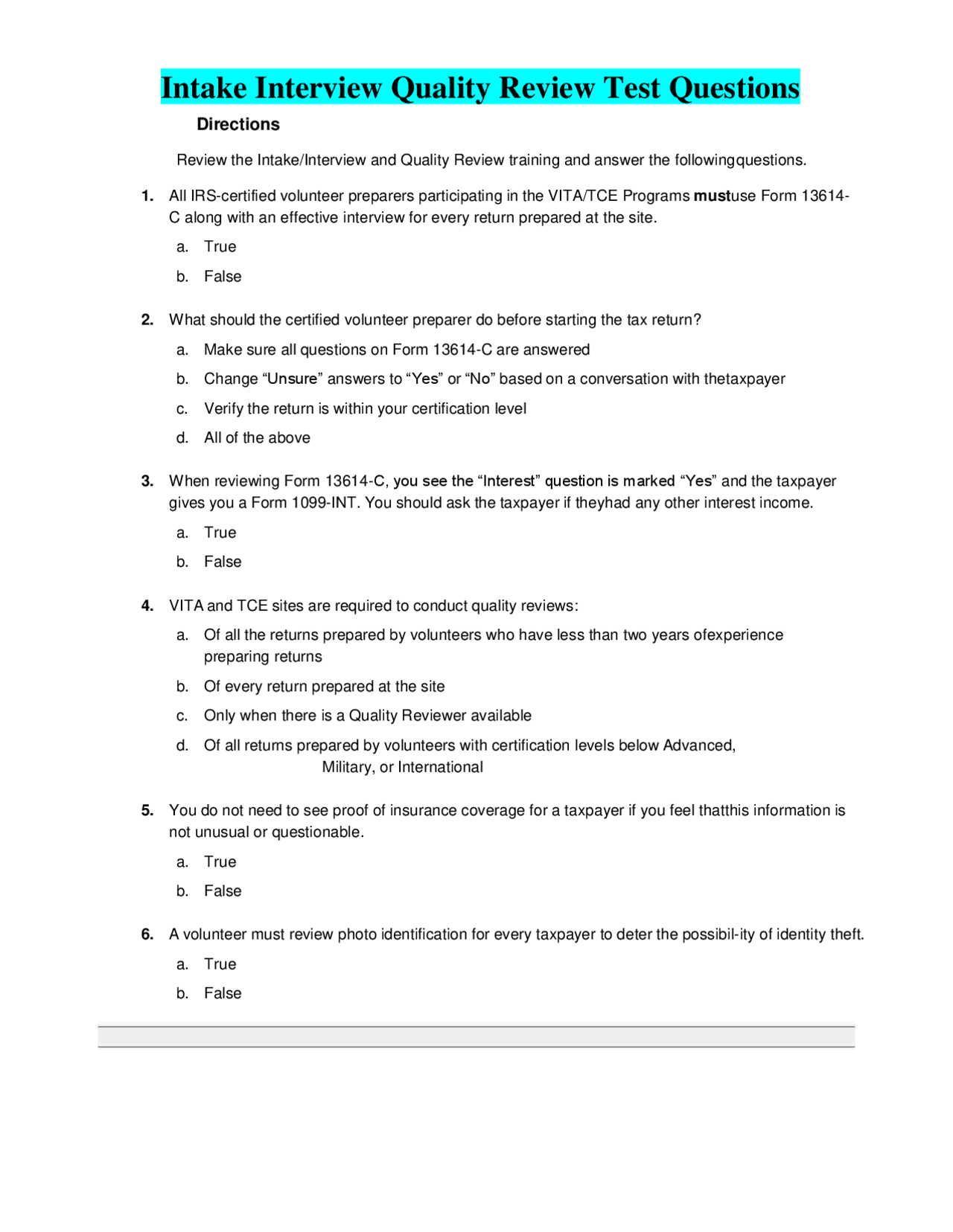 VITA/TCE Program Interview and Quality Review Test Questions | Exams ...